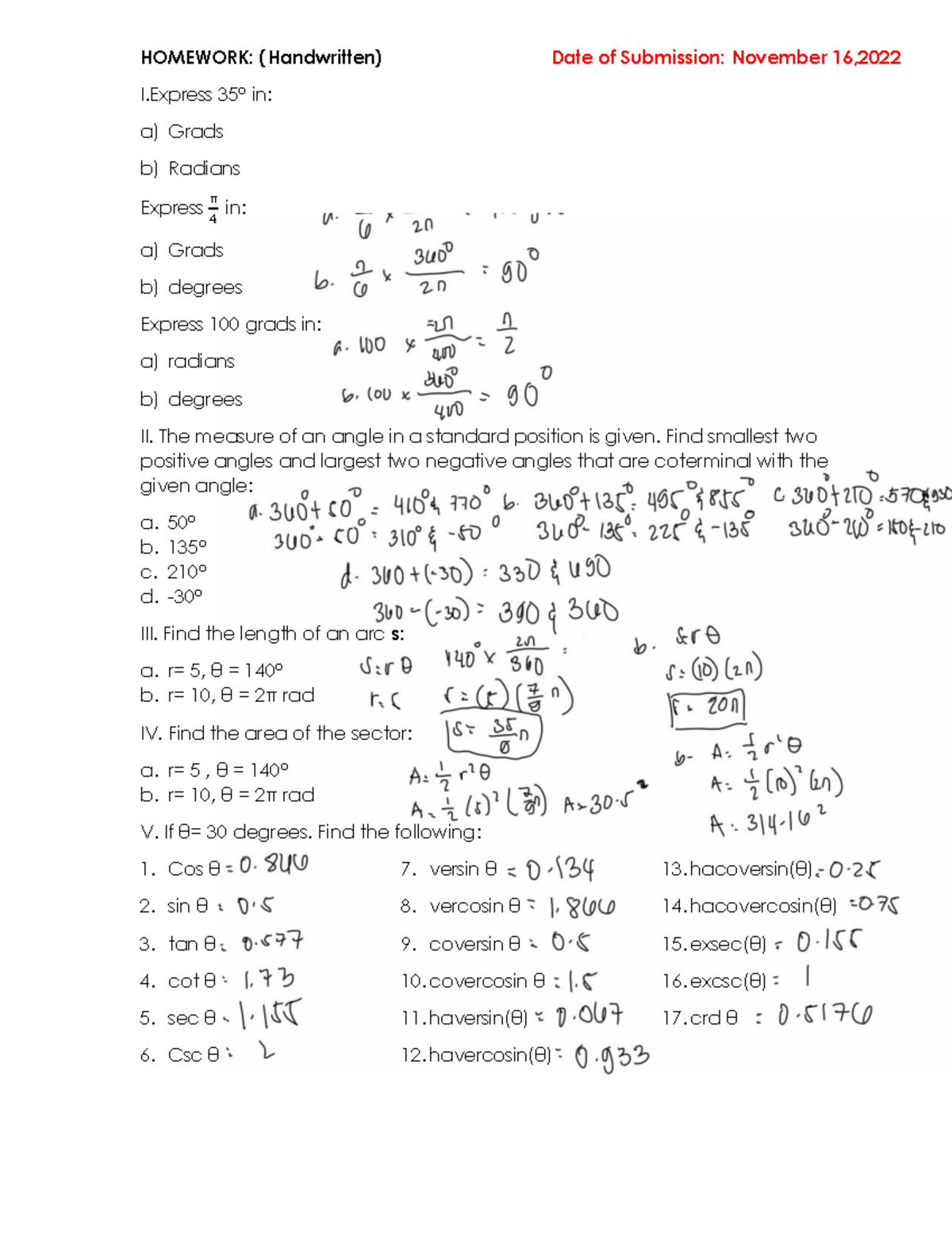 Homework: Angle Measures & Trigonometric Functions (MATH 101) - Studocu