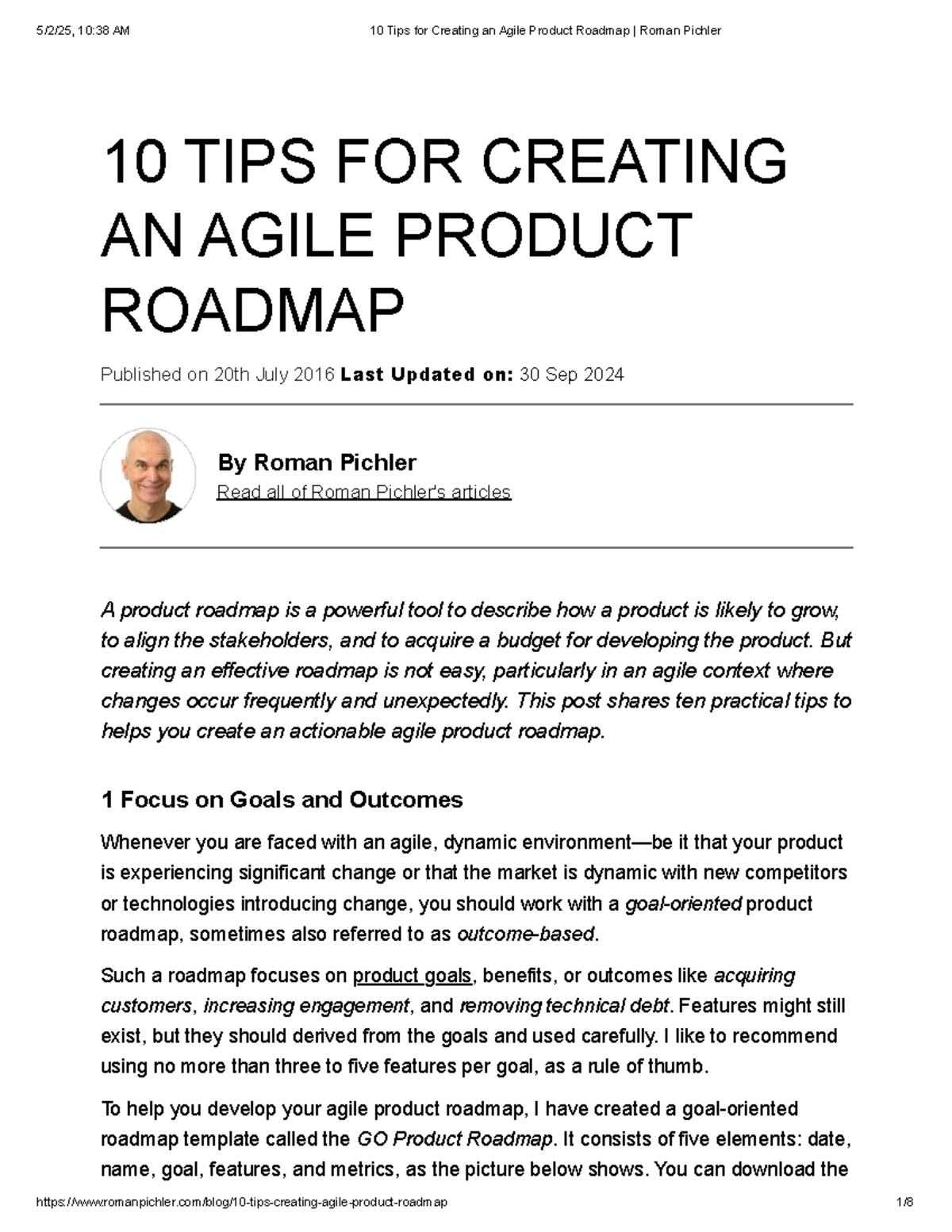 10 Tips for Crafting an Agile Product Roadmap by Roman Pichler - Studocu