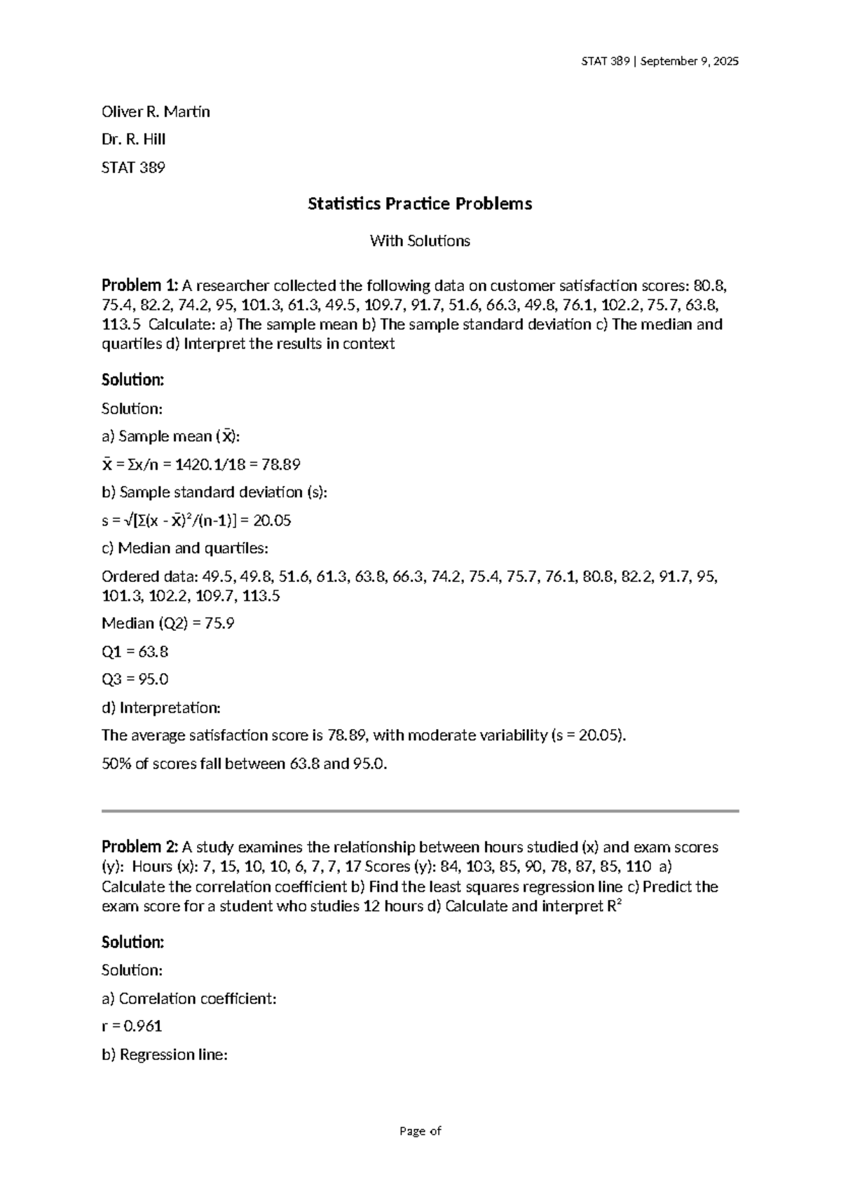 STAT 389 Statistics Practice Problems & Solutions (Sept 2025) - Studocu