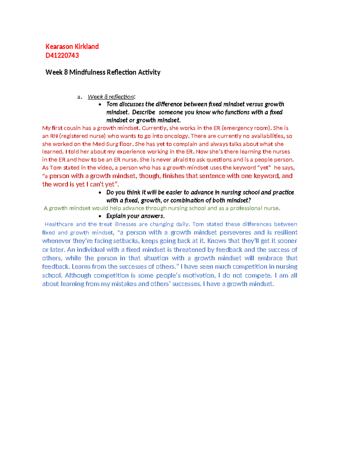 D41220743 Week 8 Mindfulness Reflection: Growth vs. Fixed Mindset - Studocu