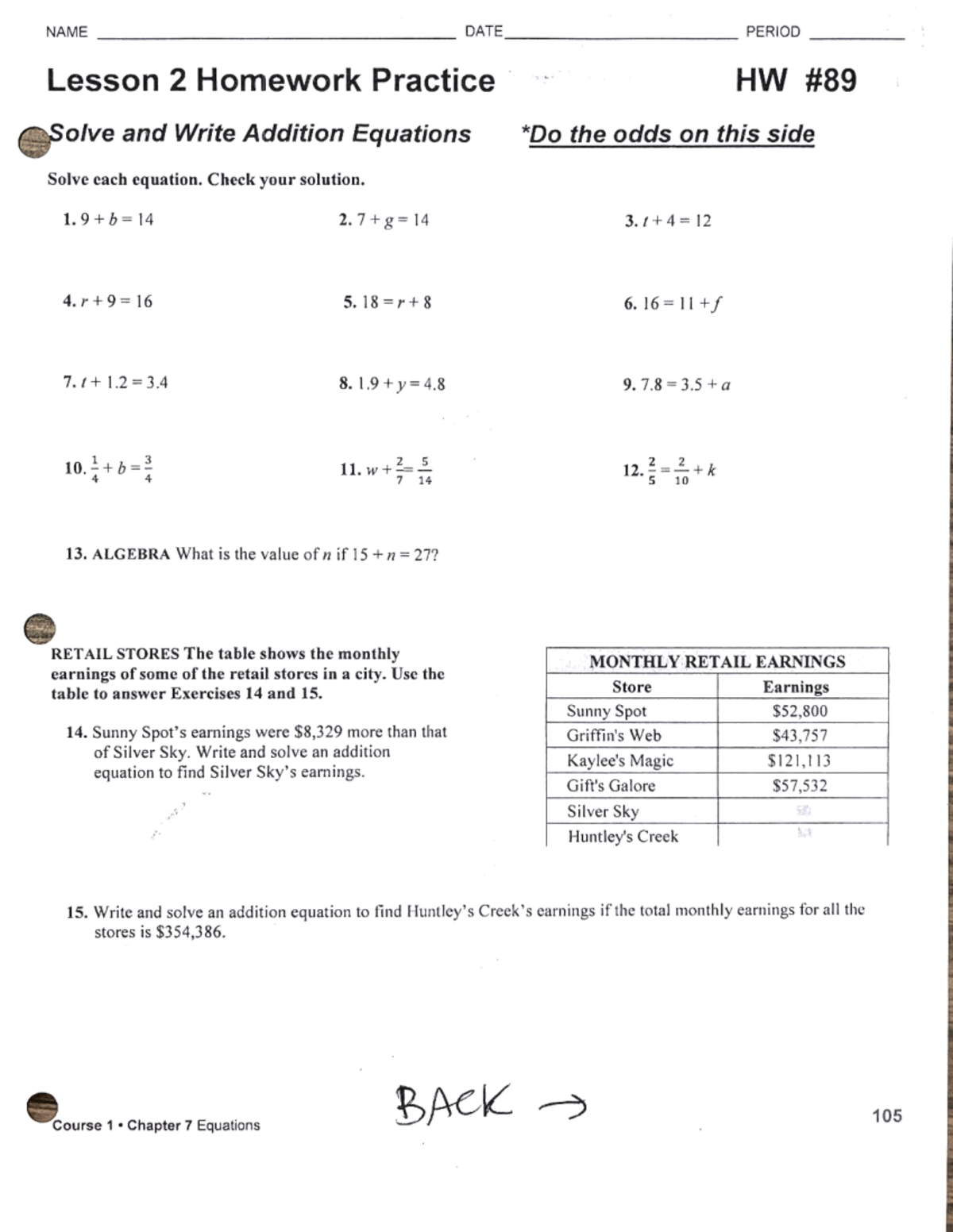 Course 1 Lesson 2 Homework: Solving Addition Equations - Studocu