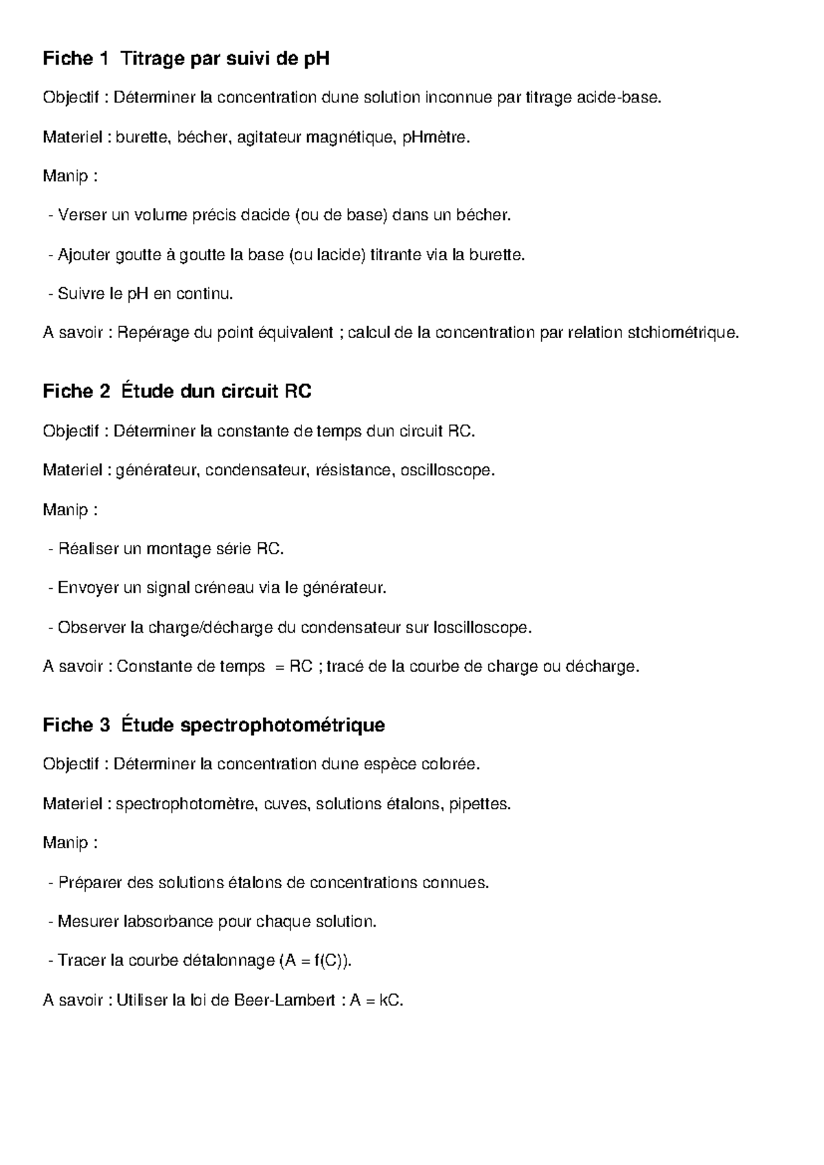 Fiches de Préparation ECE en Physique-Chimie: Titrage, Circuit RC ...