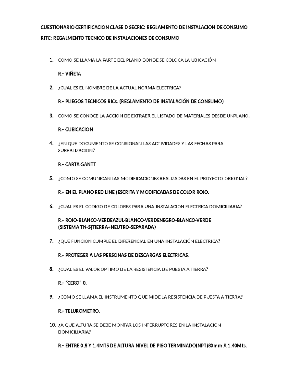 Cuestionario Prueba Certificación Clase D SEC: Instalaciones de Consumo ...