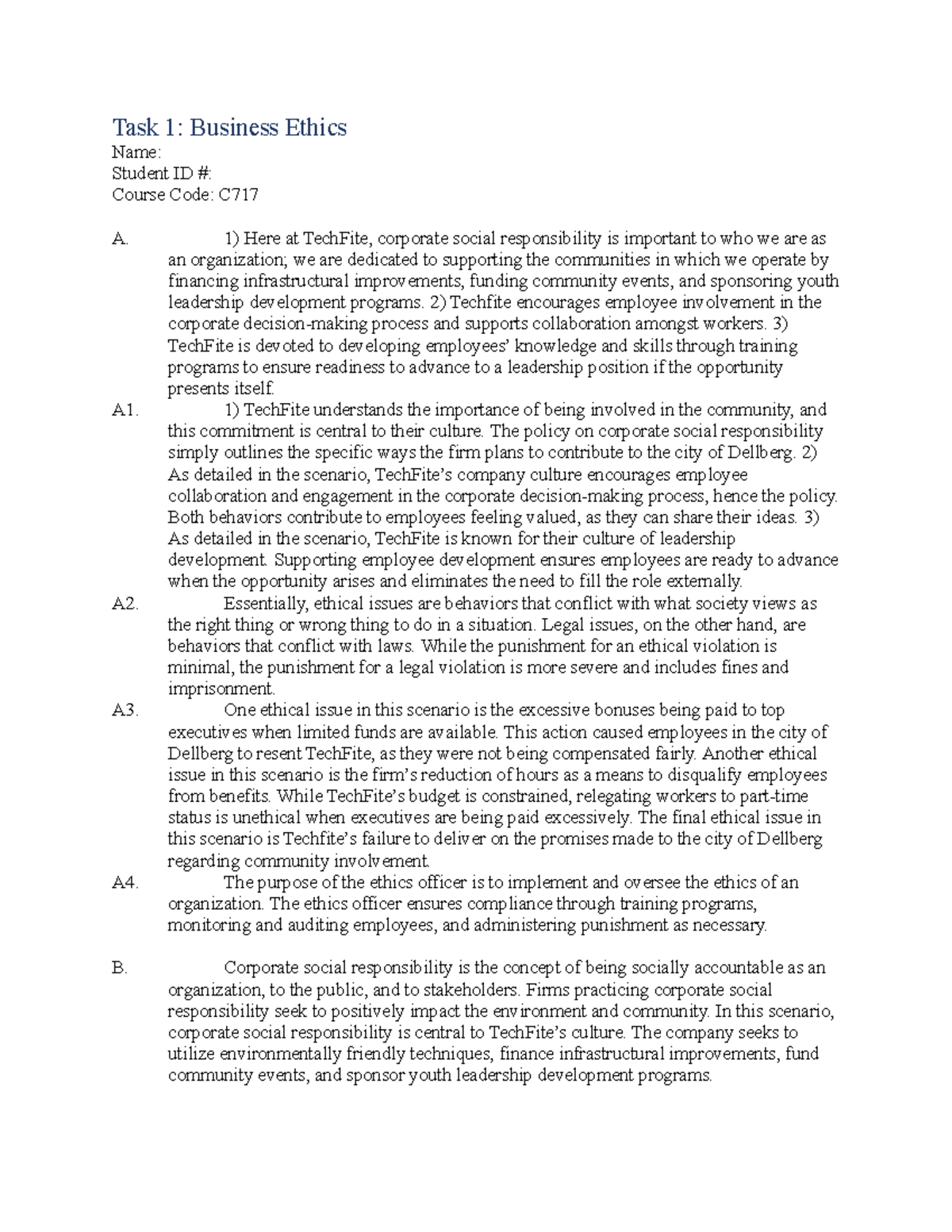 Task 1 Business Ethics - Task 1: Business Ethics Name: Student ID ...