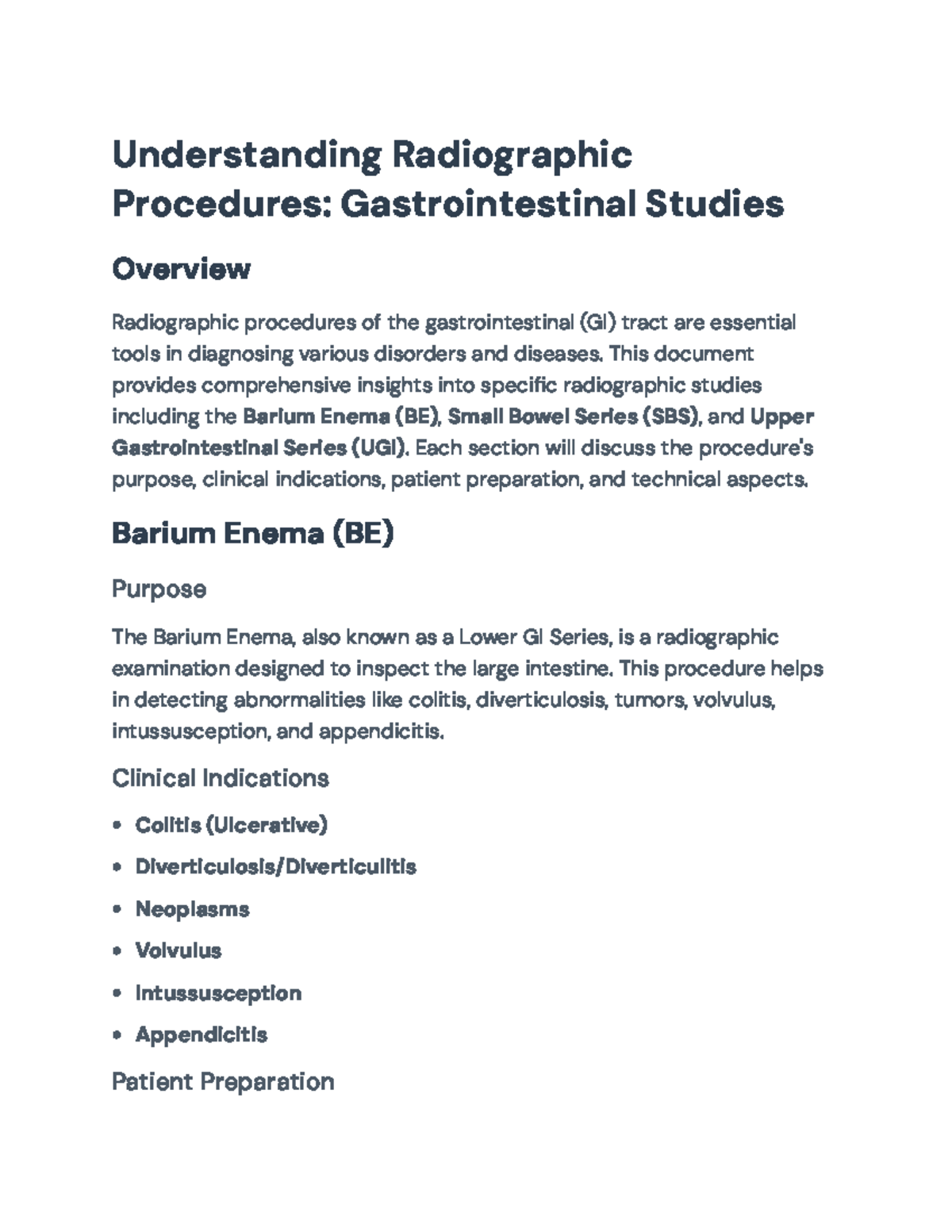 Radiographic Procedures in Gastrointestinal Studies: BE, SBS, UGI ...