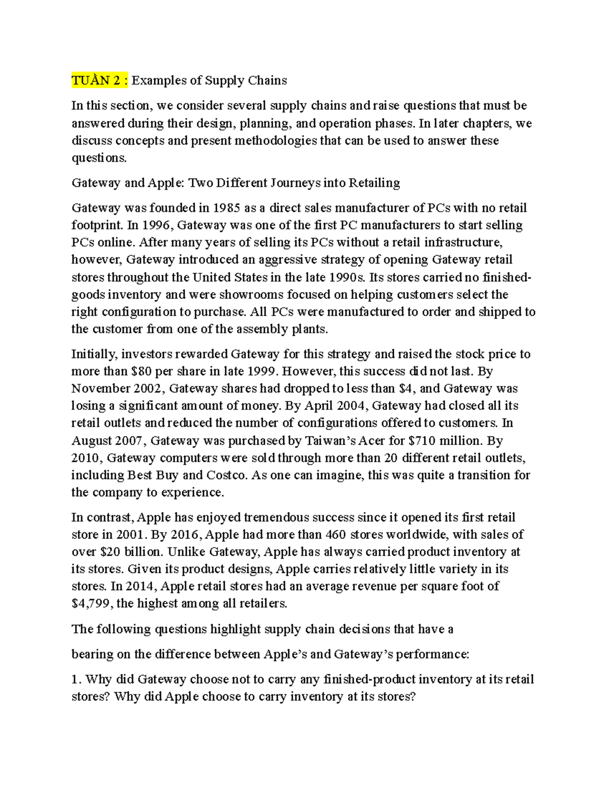 SCM - SCM - TUẦN 2 : Examples of Supply Chains In this section, we ...