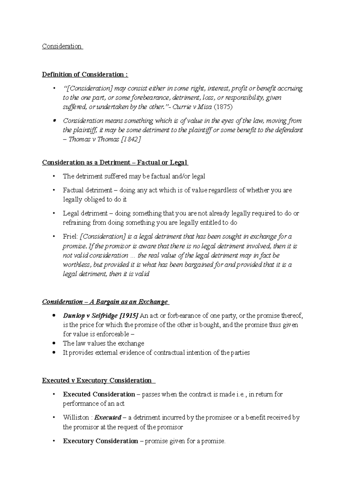 Consideration in Contract Law: Key Cases and Principles (Contract FE1 ...