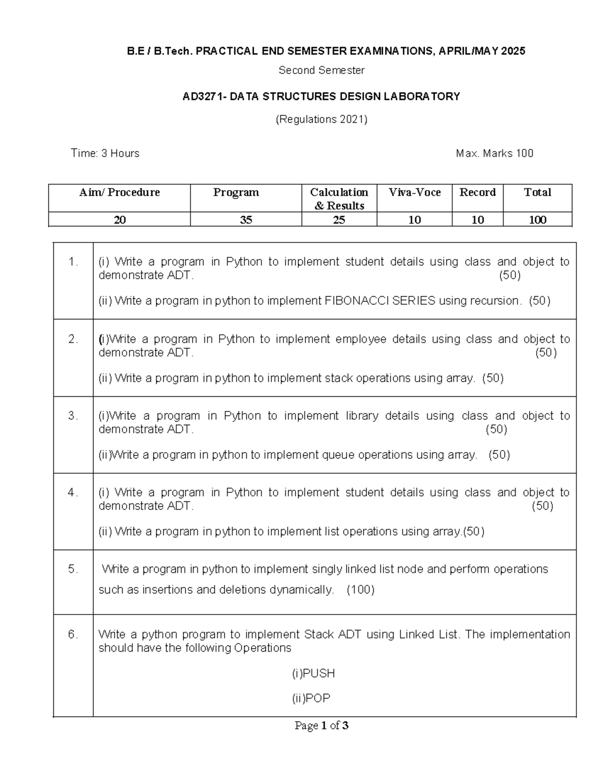 AD3271 Second Sem Data Structures Lab Practical Exam QP 2025 - Studocu