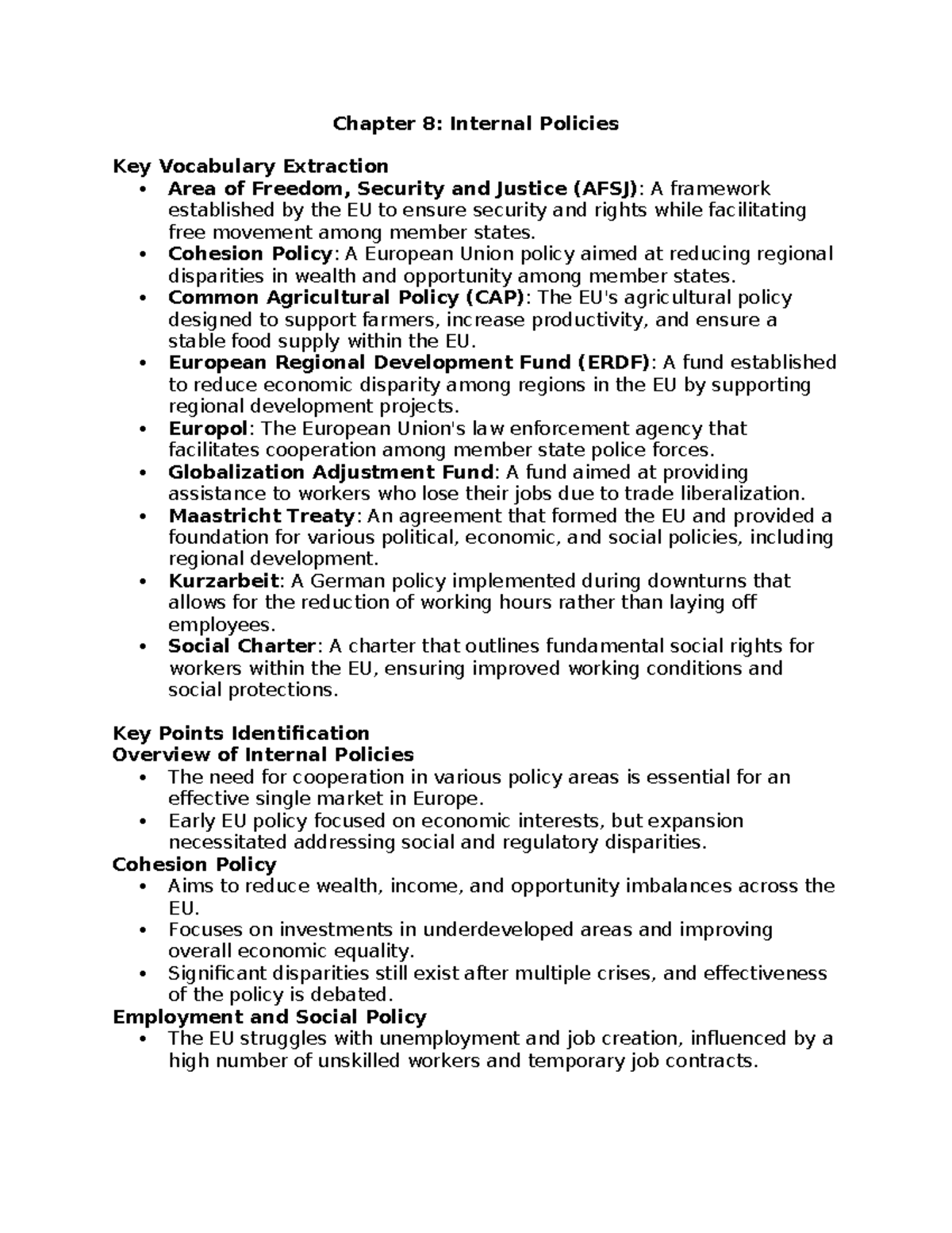 Chapter 8 Study Guide: Key Vocabulary on EU Internal Policies - Studocu