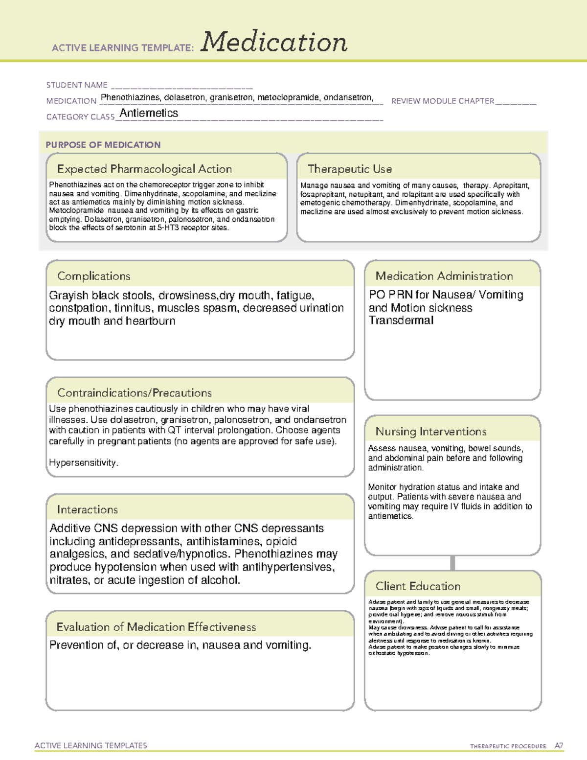 Antiemetics - Nursing 113 medication template - ACTIVE LEARNING ...
