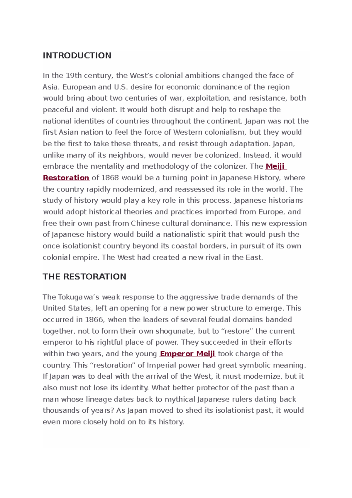 Meiji restoration - INTRODUCTION In the 19th century, the West’s ...