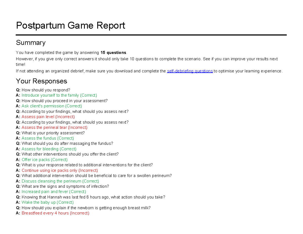 Postpartum Game Report Summary: Performance Insights and Tips - Studocu