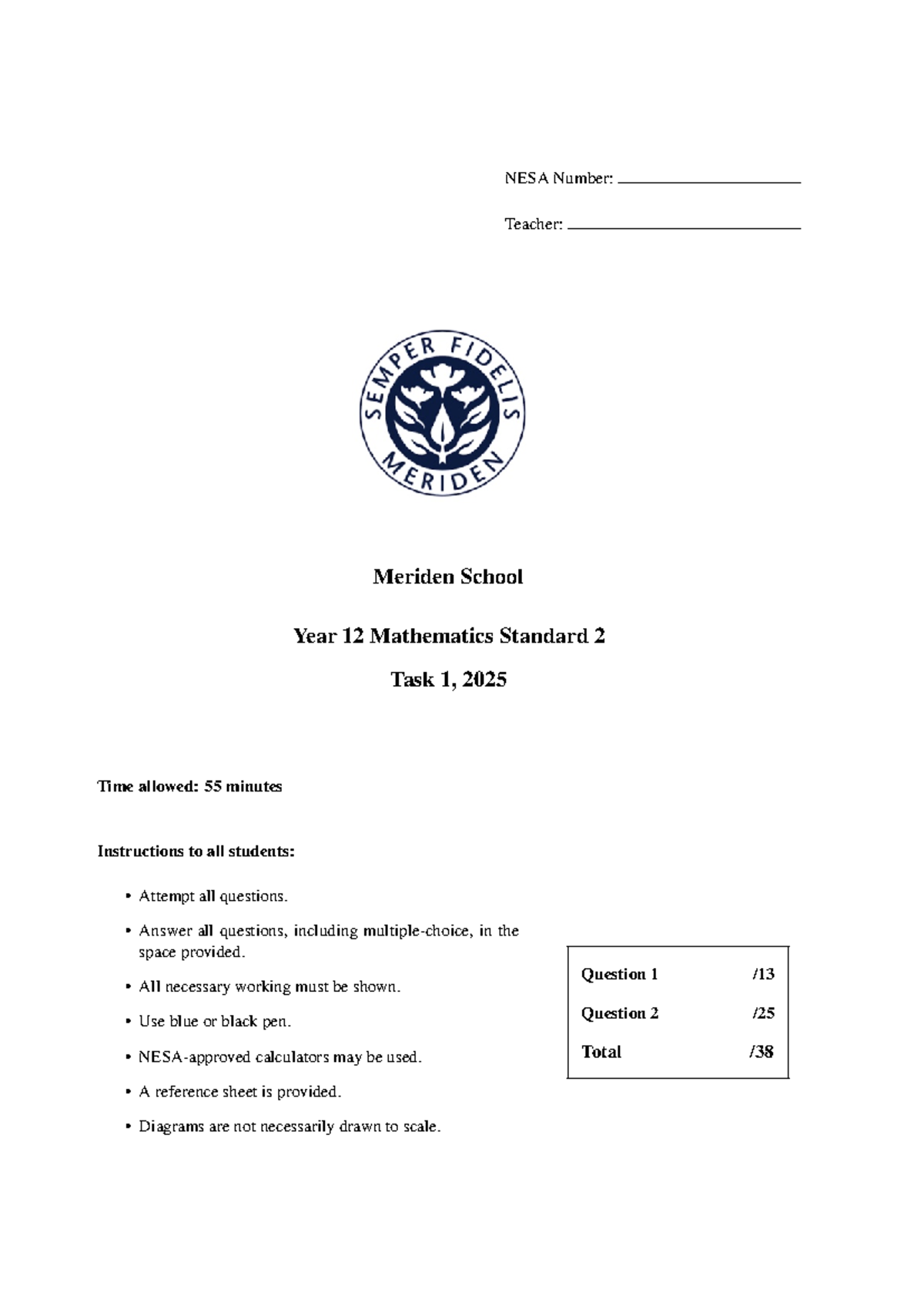 Y12 Mathematics Standard 2 - Task 1 Exam Paper, 2025 - Studocu