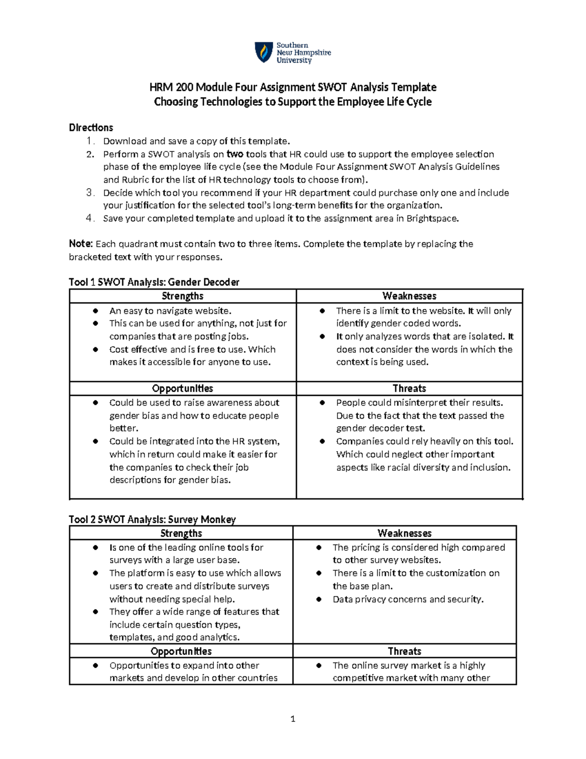 HRM 200 Module Four SWOT Analysis on HR Tech Tools - Studocu