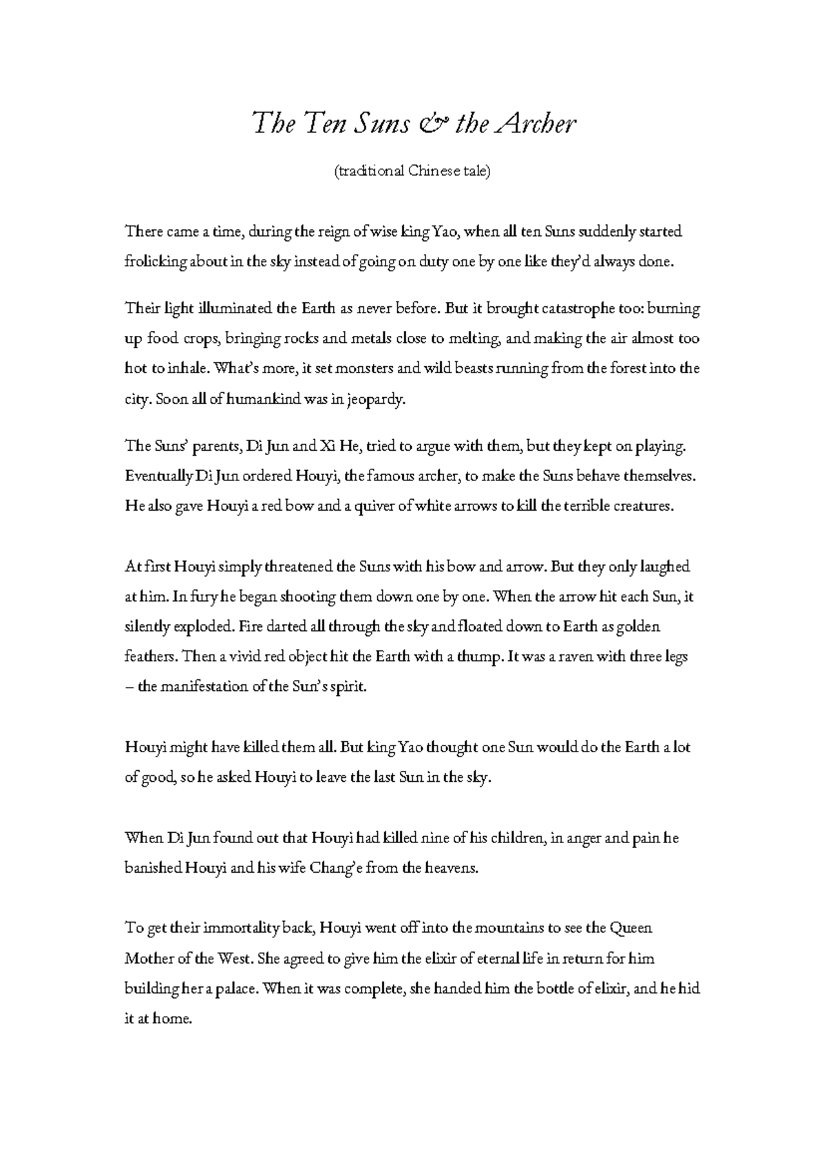 The Ten Suns & the Archer: A Traditional Chinese Tale - Studocu