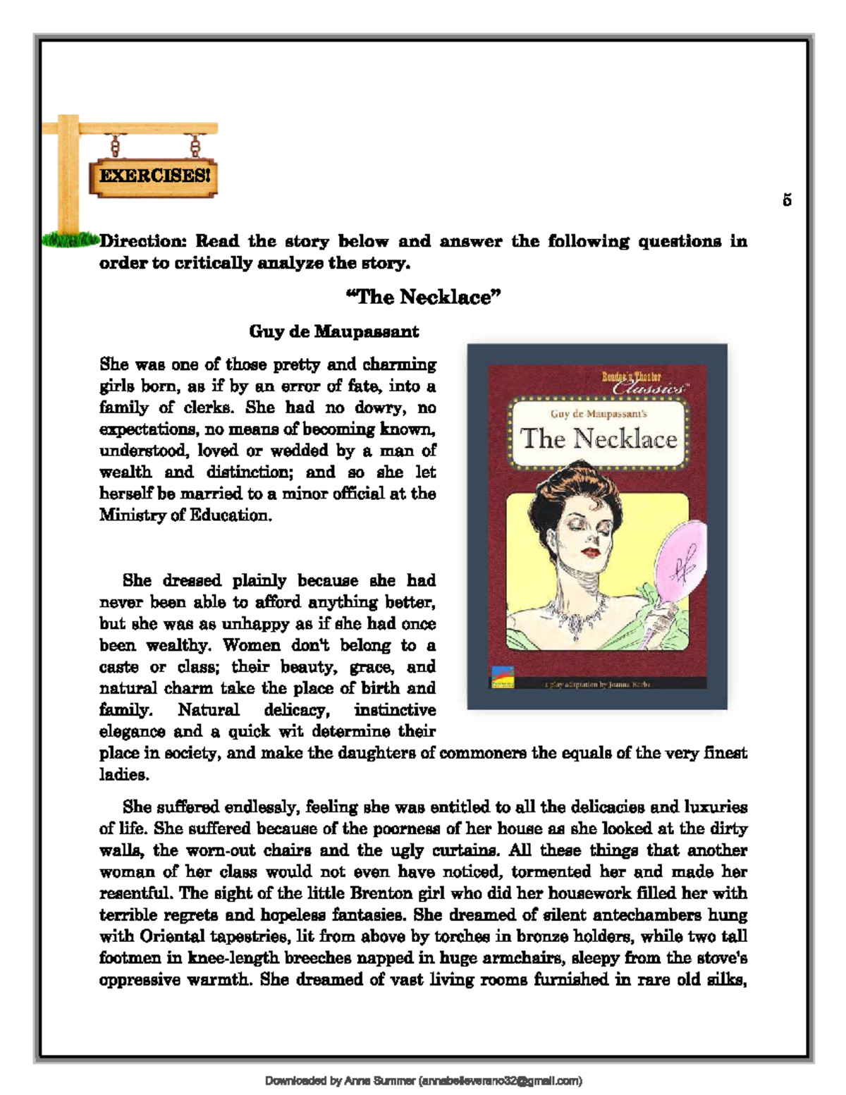 Critical Analysis of "The Necklace" by Guy de Maupassant: Exercises ...