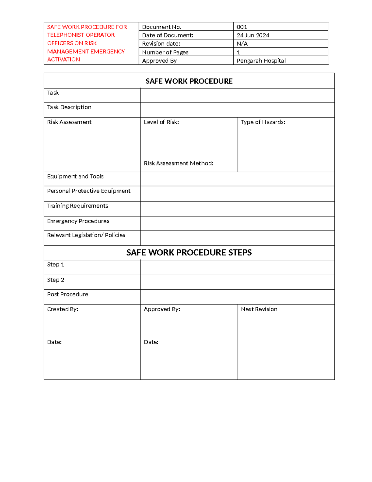 SAFE WORK Procedure template - SAFE WORK PROCEDURE FOR TELEPHONIST ...