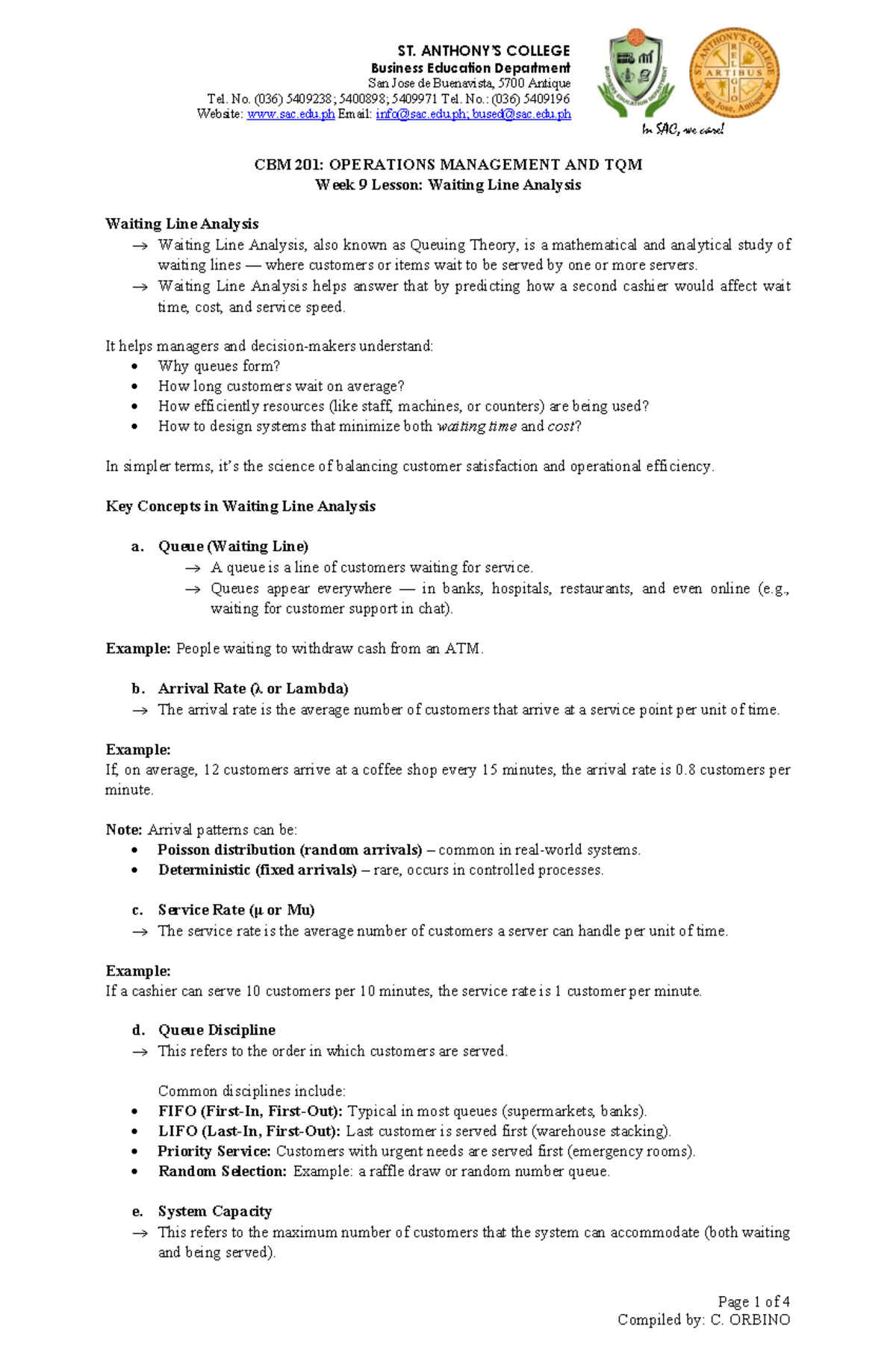 Week 9 Lesson: Waiting Line Analysis in CBM 201 Operations Management ...