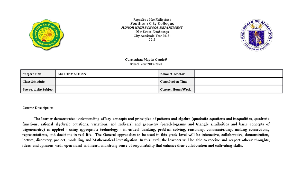 Mathematics 9 Curriculum Map: Overview and Key Concepts - Studocu