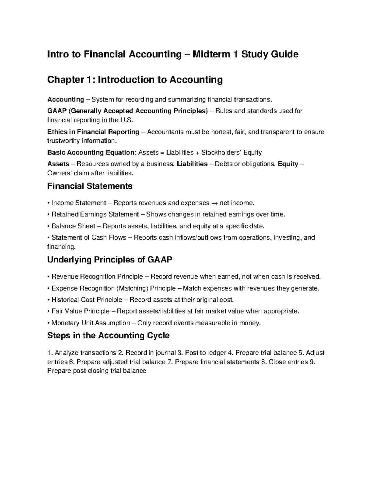 Intro to Financial Accounting Midterm 1 Study Guide: Key Concepts & Principles - Studocu
