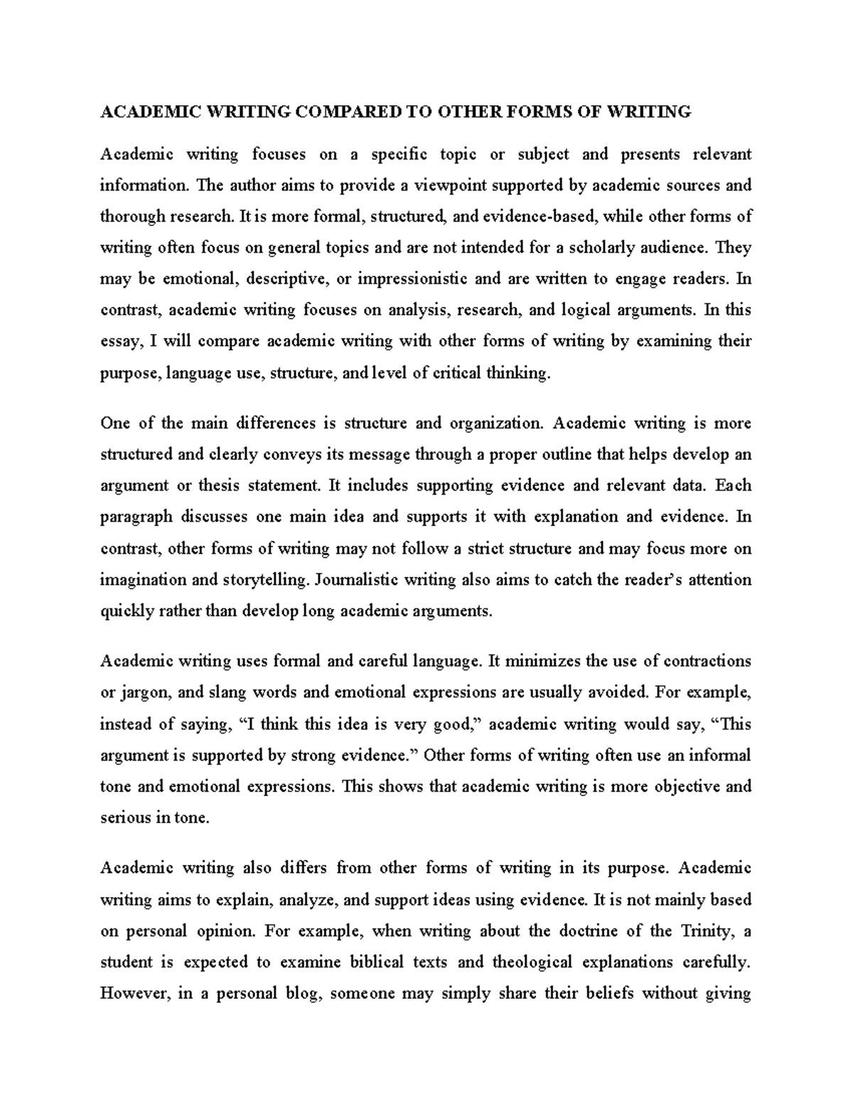 Comparative Analysis of Academic Writing vs. Other Writing Forms - Studocu