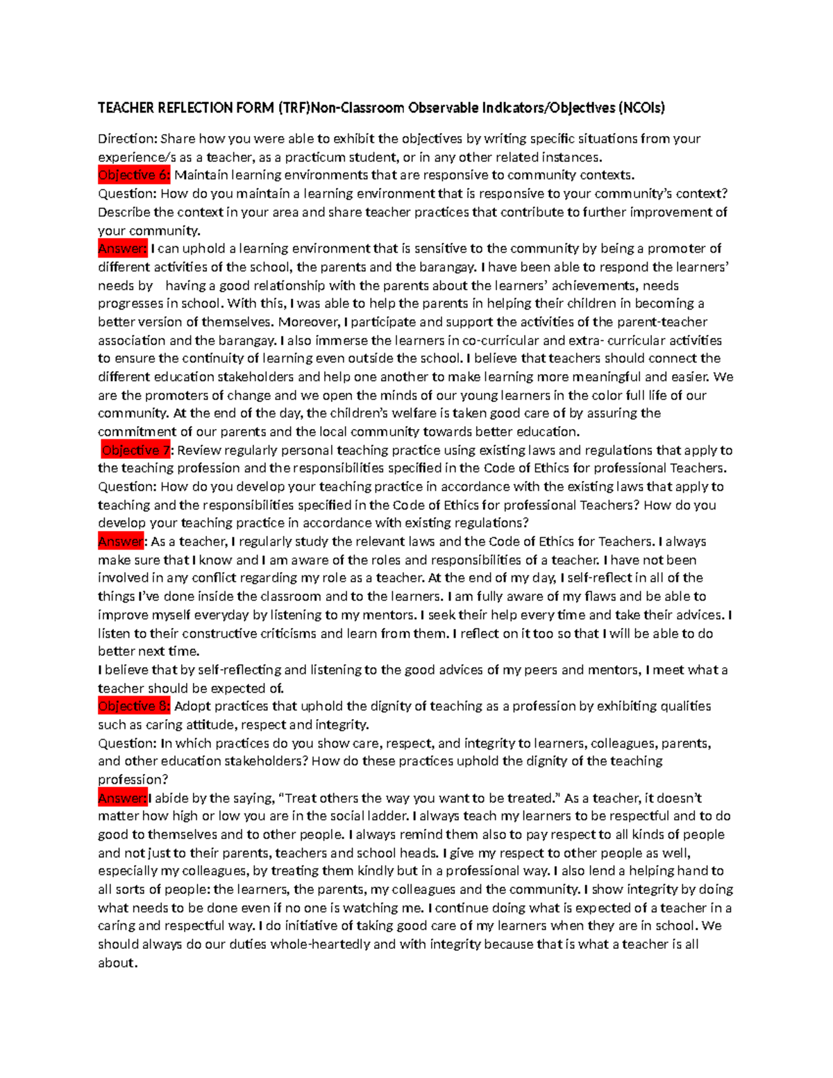 Teacher Reflection Form (TRF): Enhancing Education Responsiveness - Studocu