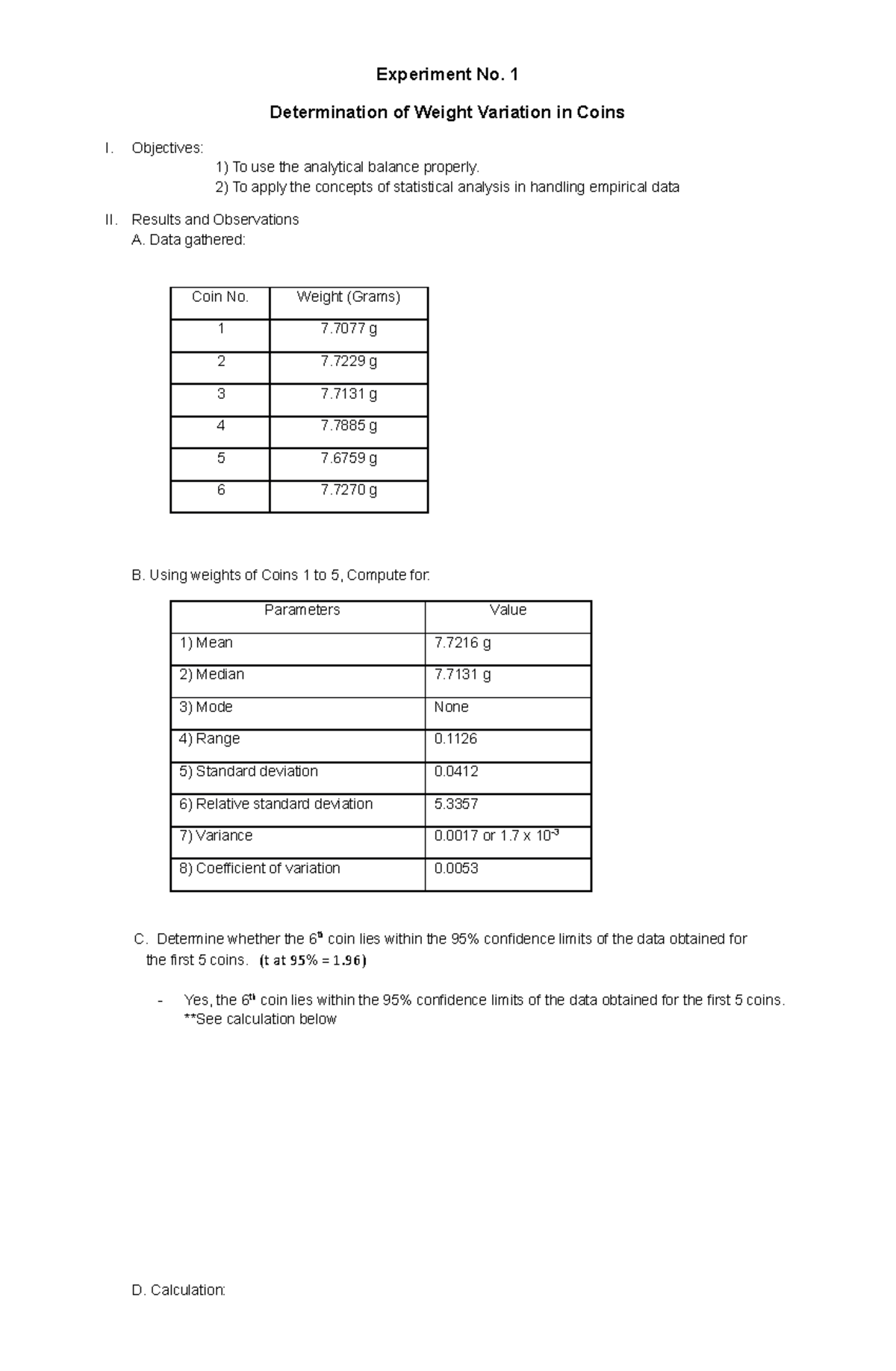 Experiment 1: Determining Weight Variation Among Different Coins - Studocu