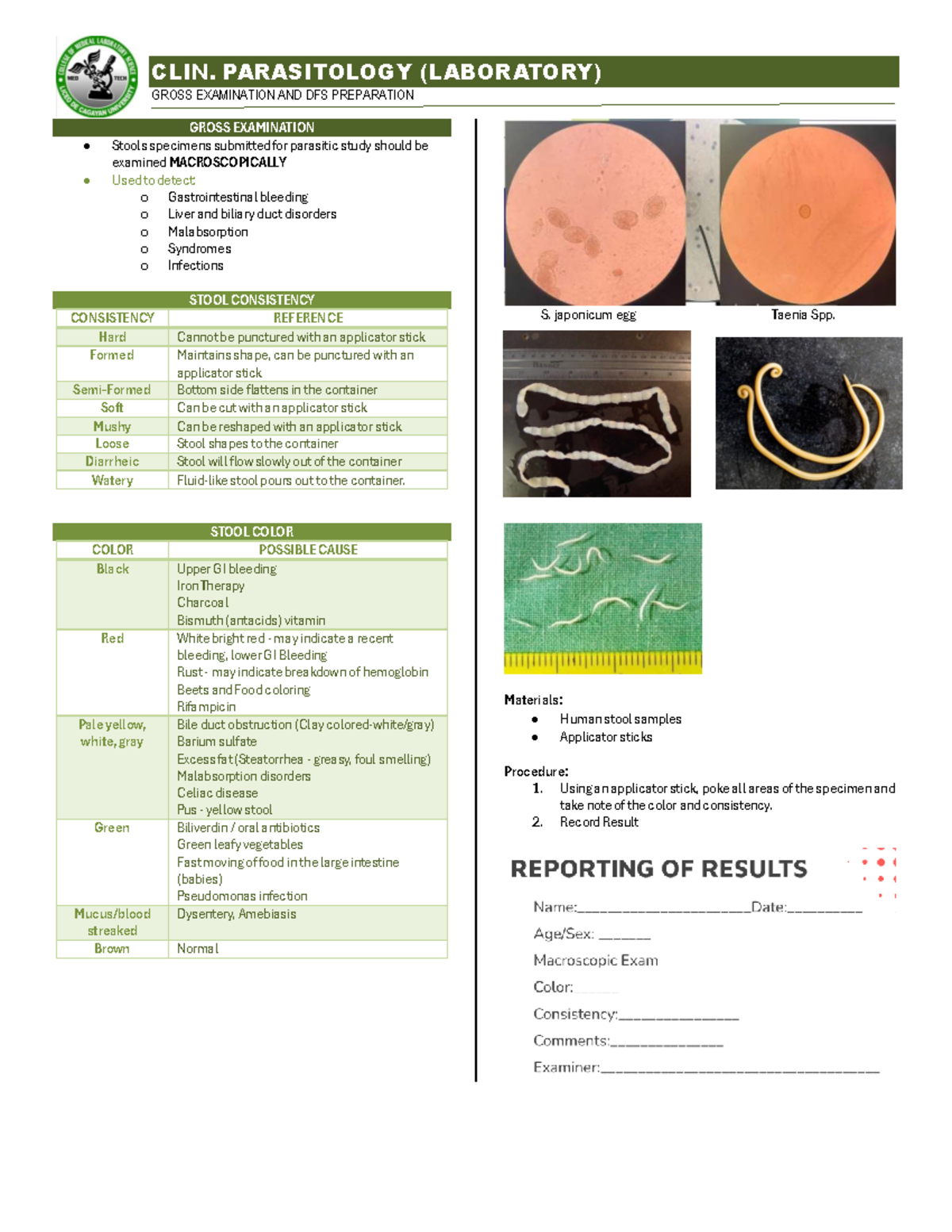 CLIN. PARASITOLOGY LAB: Gross Exam & DFS Prep Guide - Studocu