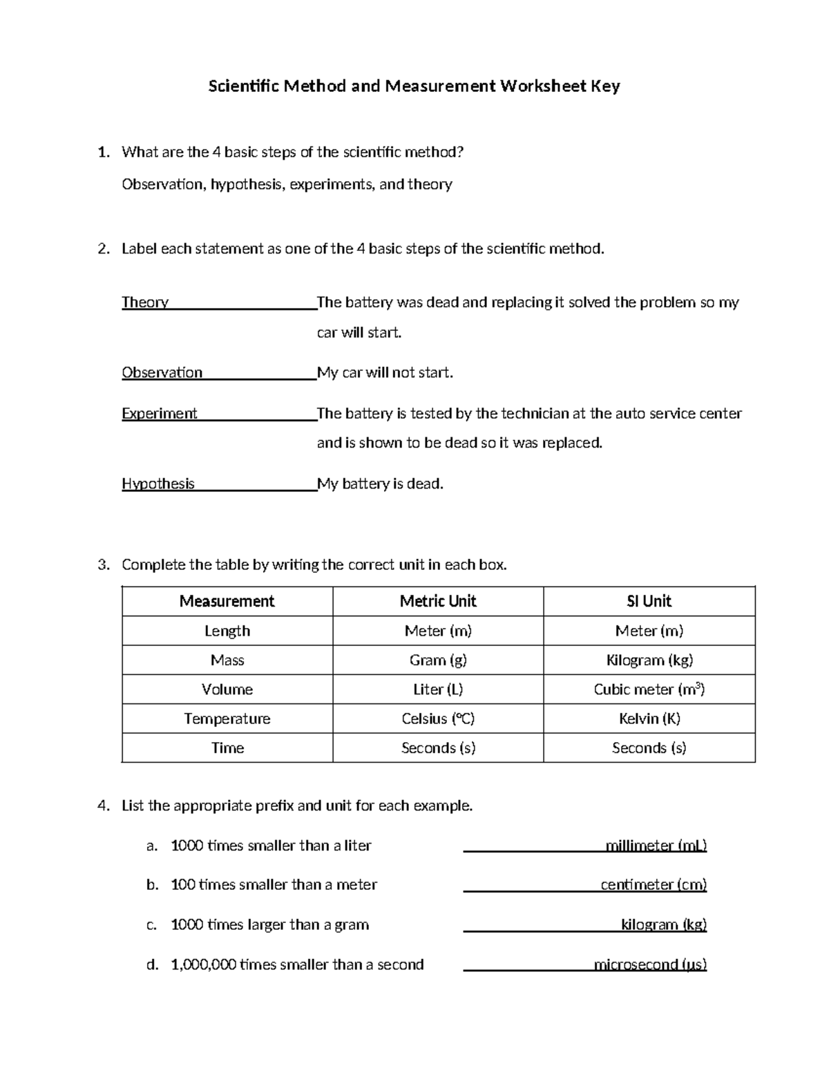 Scientific Method & Measurement Worksheet Key (Final Exam) - Studocu