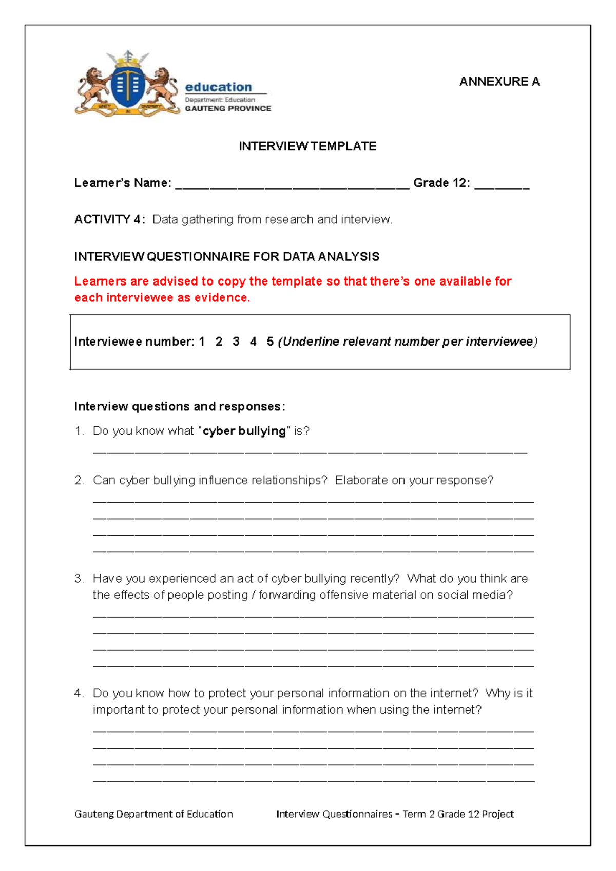 Grade 12 Term 2 Project: Interview Questionnaire Template - Studocu