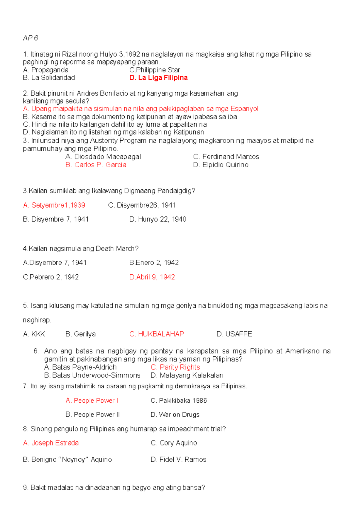 AP 6 Quiz: Mga Tanong sa Kasaysayan ng Pilipinas - Studocu
