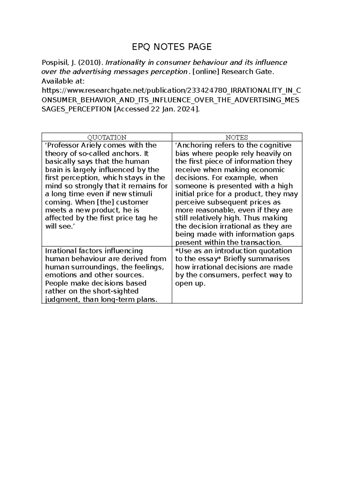 EPQ Notes PAGE - EPQ NOTES PAGE Pospisil, J. (2010). Irrationality in ...