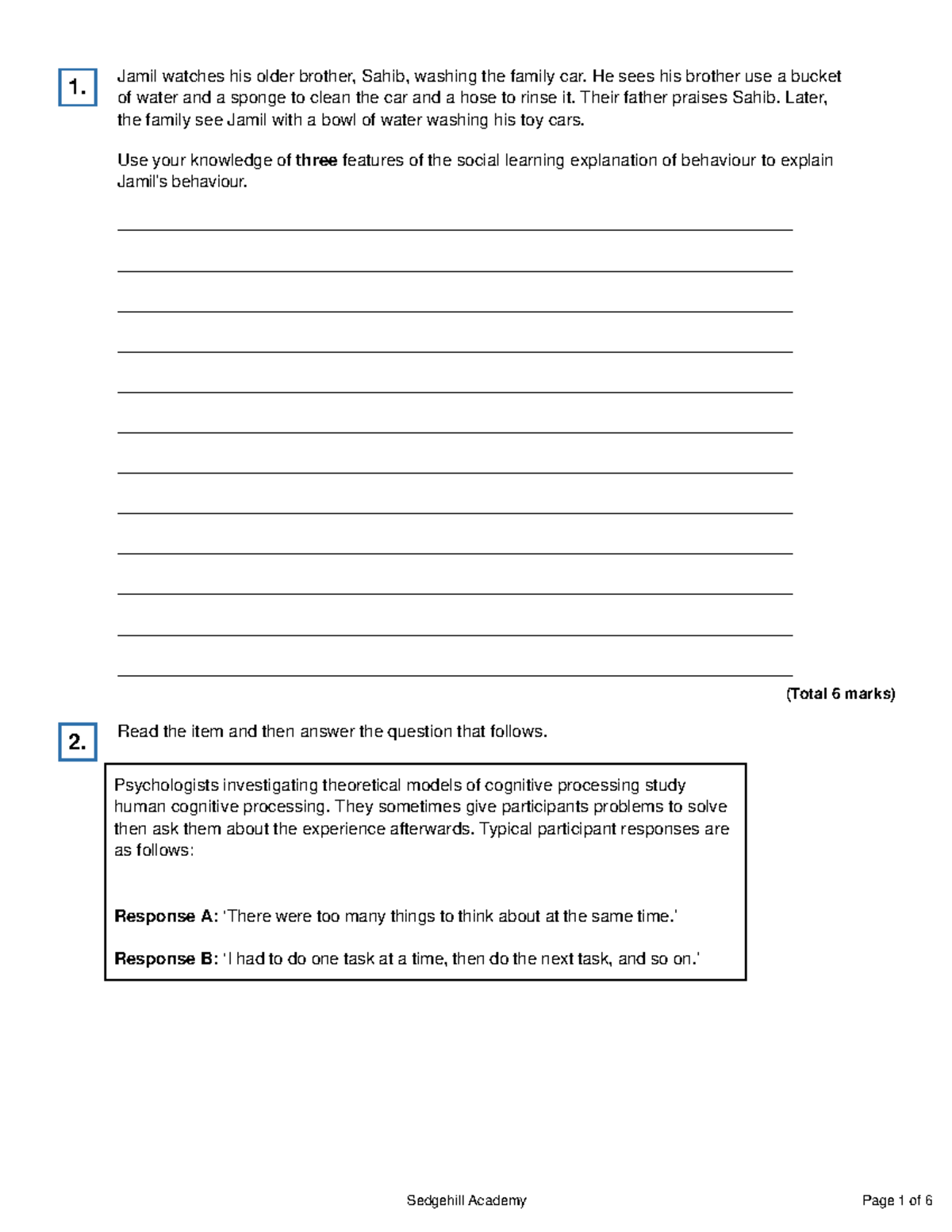 Cognitive Psychology Homework - Sedgehill Academy - Half Term 1 - Studocu
