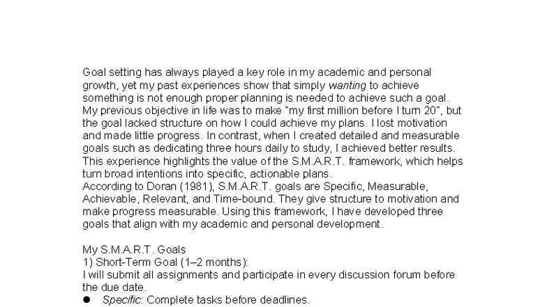S.M.A.R.T. Goal Setting Assignment for Academic Success - Studocu