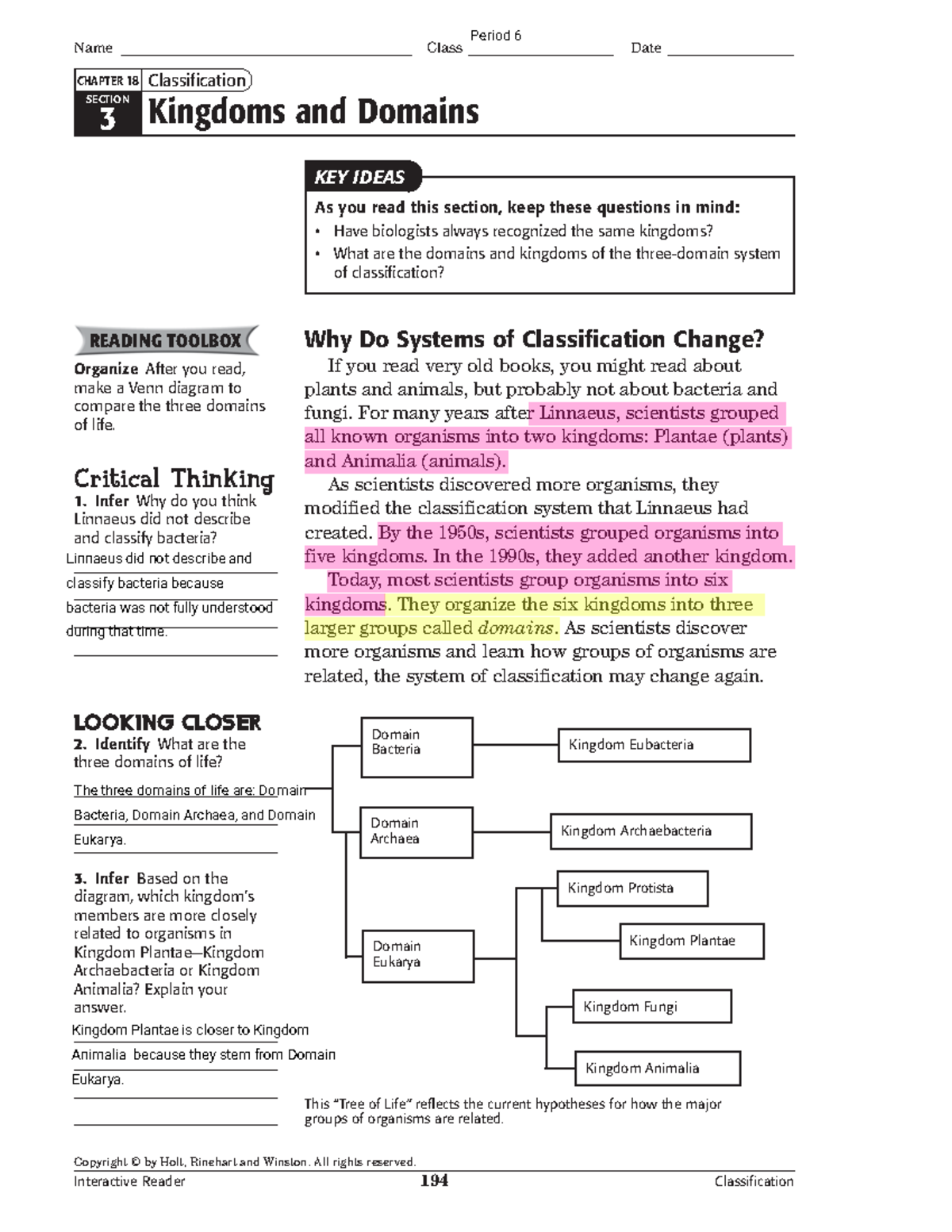 Kingdoms & Domains packet - Name Class Date Copyright © by Holt ...