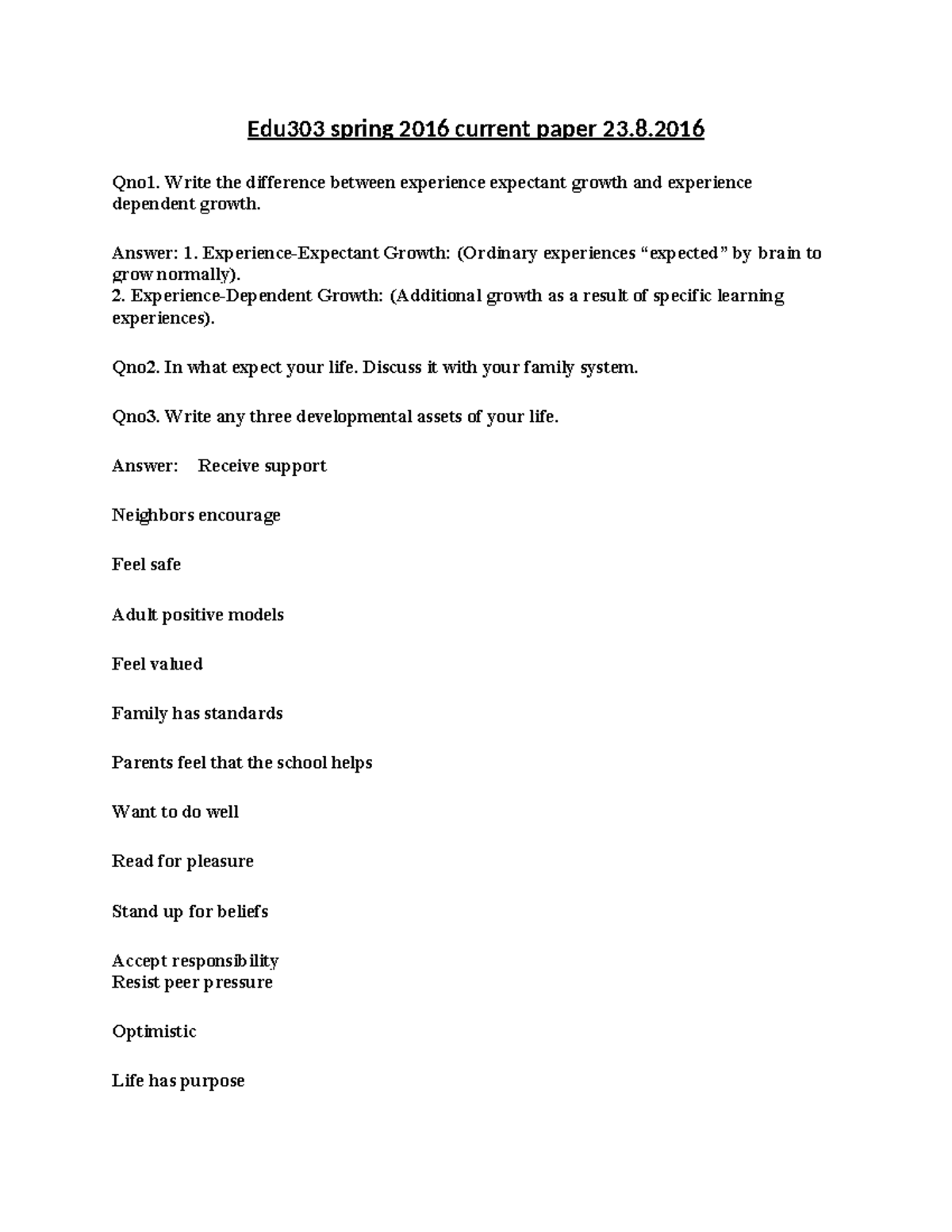 EDU303-Spring 2016-Past Paper on Child Development Principles - Studocu