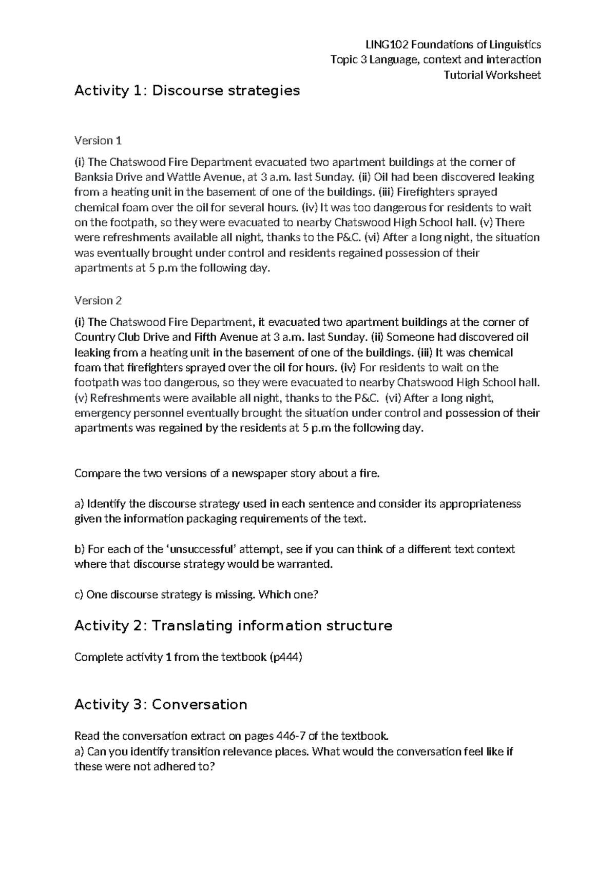 LING102 Tutorial Worksheet: Discourse Strategies & Activities - Studocu