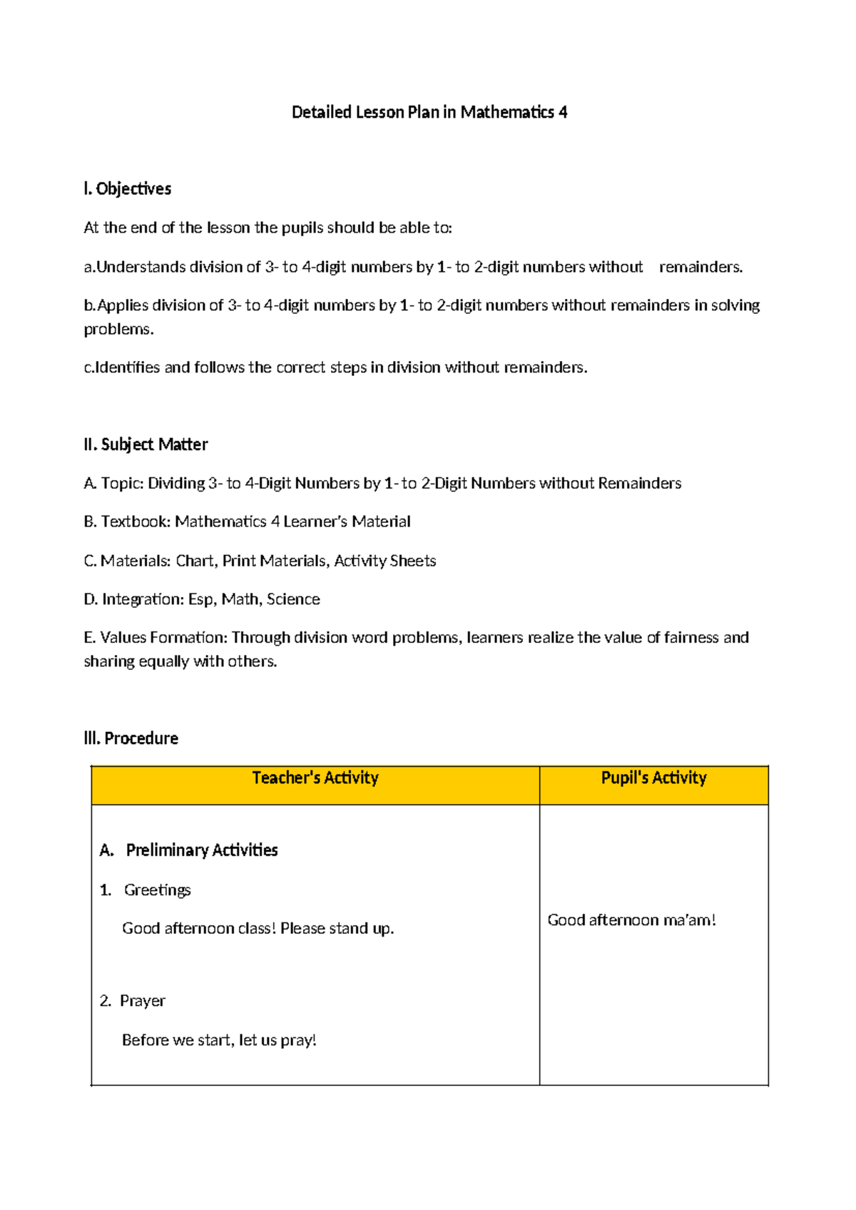 DLP MATH 4: Lesson Plan on Division Without Remainders - Studocu