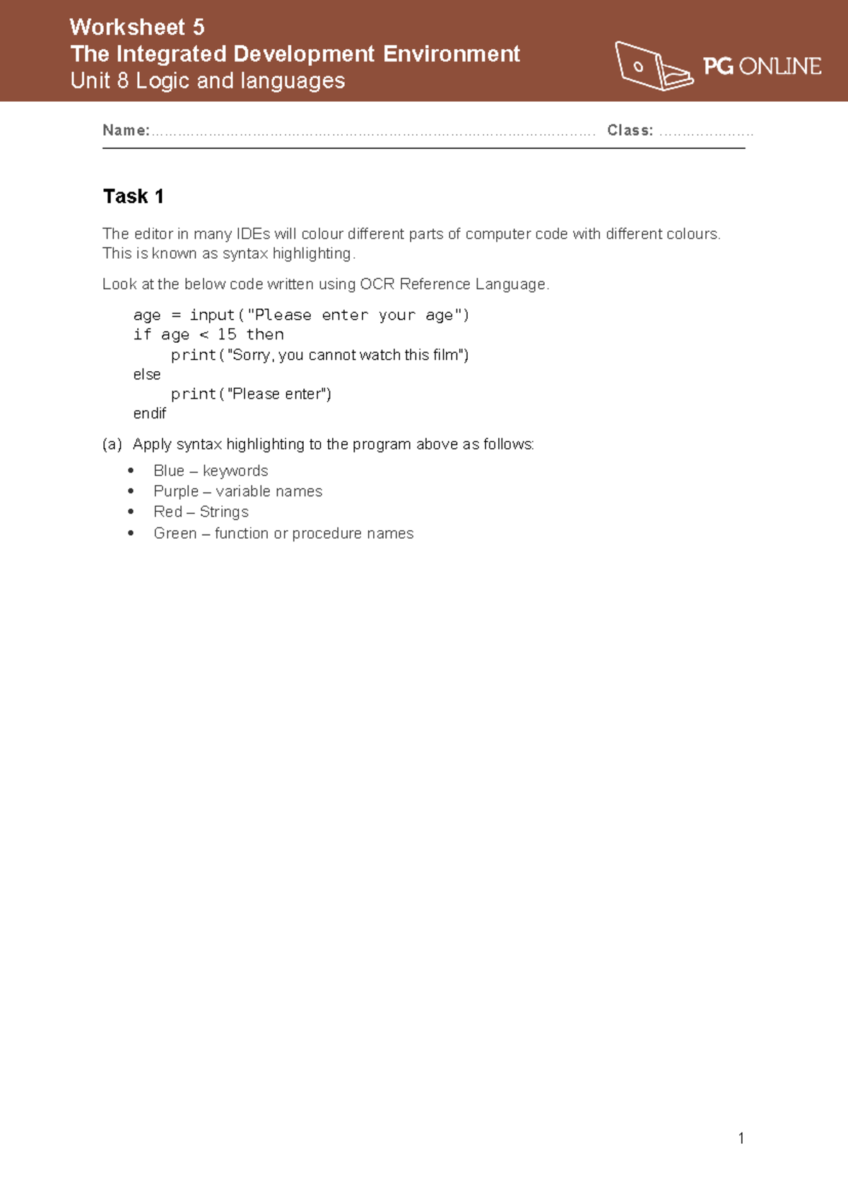 T5 Worksheet 5: IDE & Syntax Highlighting in Unit 8 Logic - Studocu