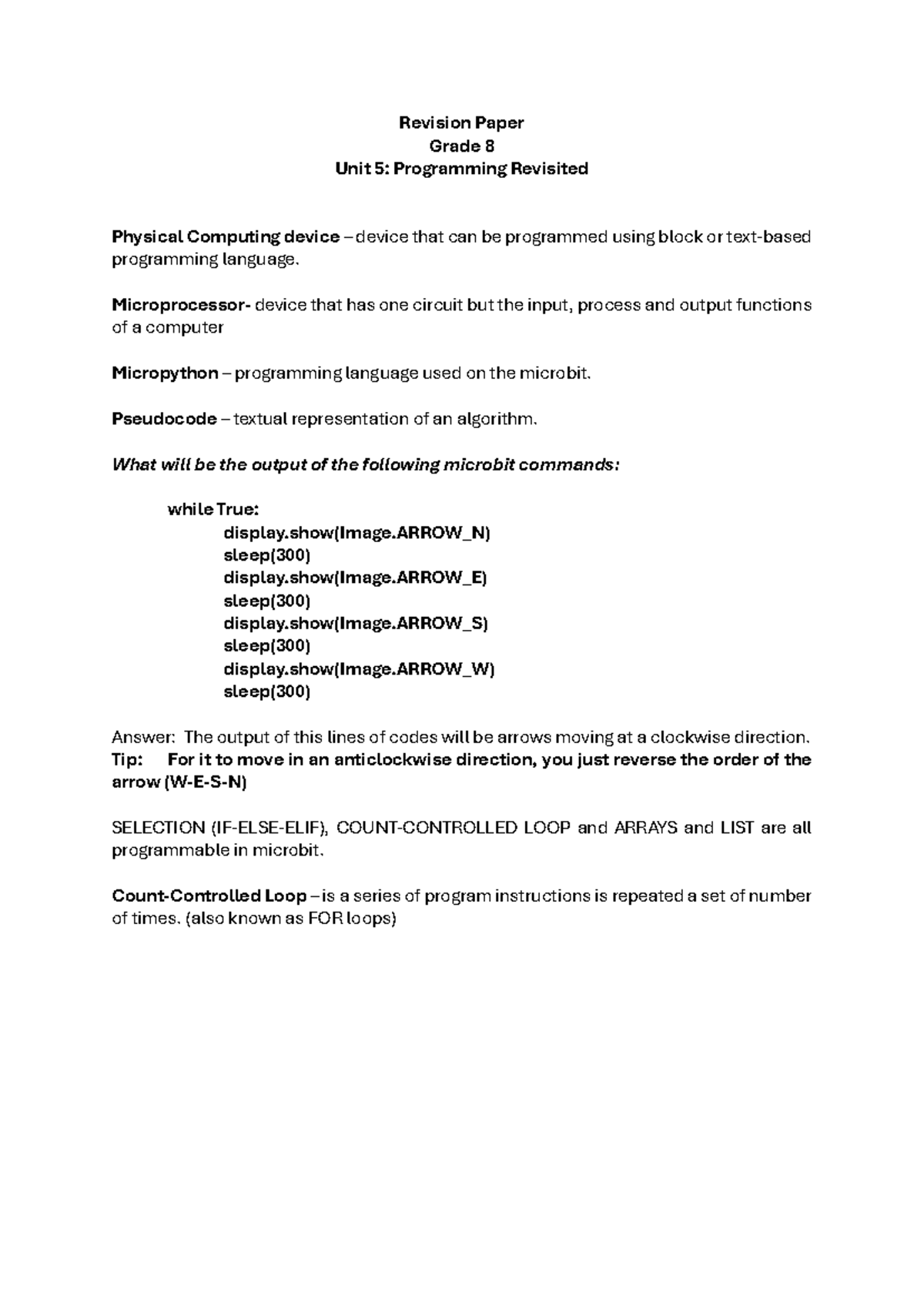 Grade 8 - Unit 5 - Programming Revision Paper Review - Studeersnel