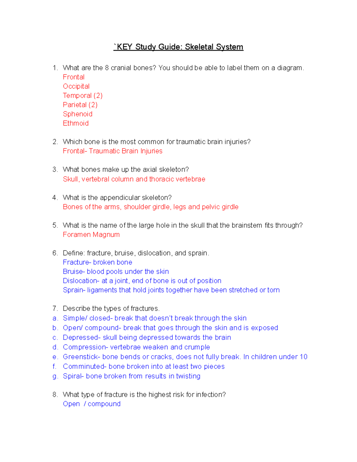 skeletal study guide - `KEY Study Guide: Skeletal System What are the 8 ...