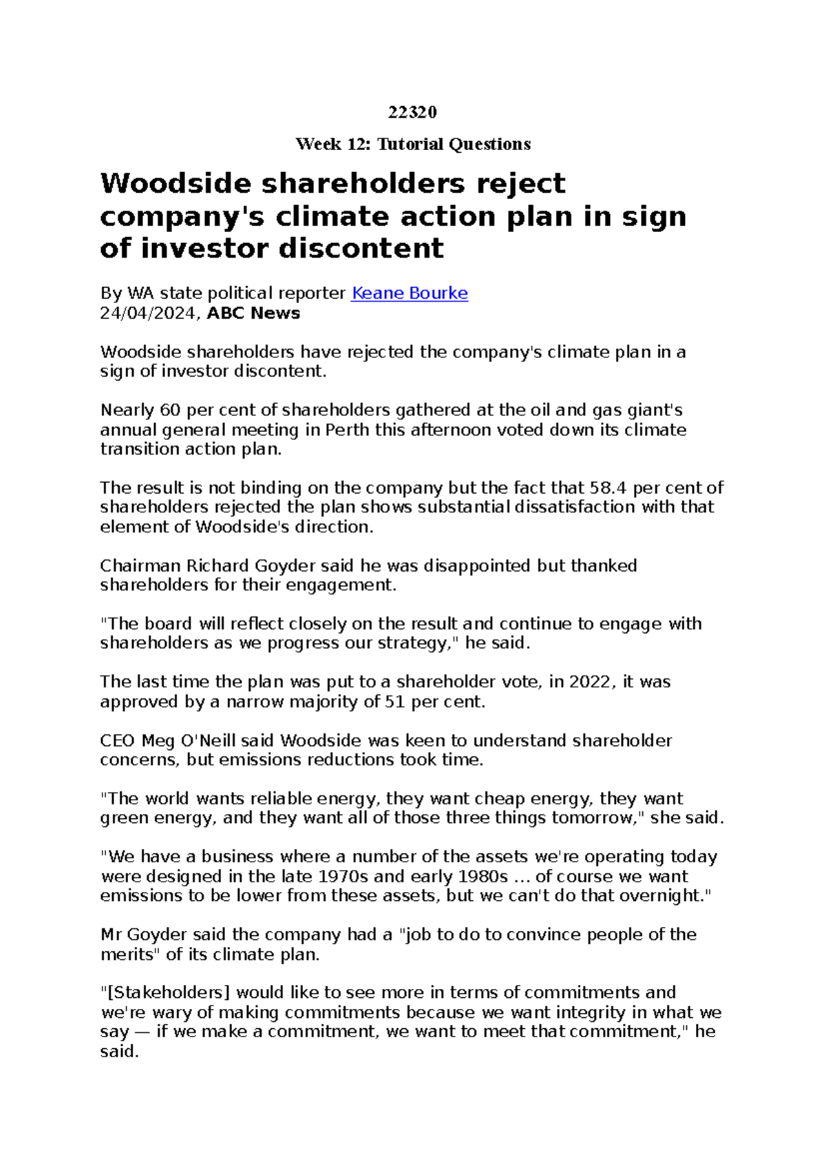 22320 Week 12: Tutorial Questions on Woodside's Climate Plan Rejection ...