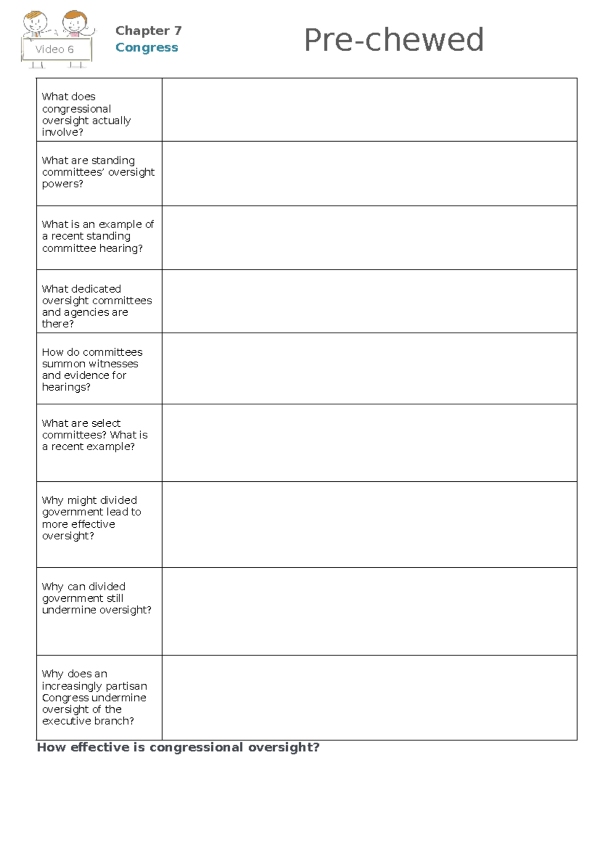 Congressional oversight worksheet - Pre-chewed Politics Chapter 7 Video ...