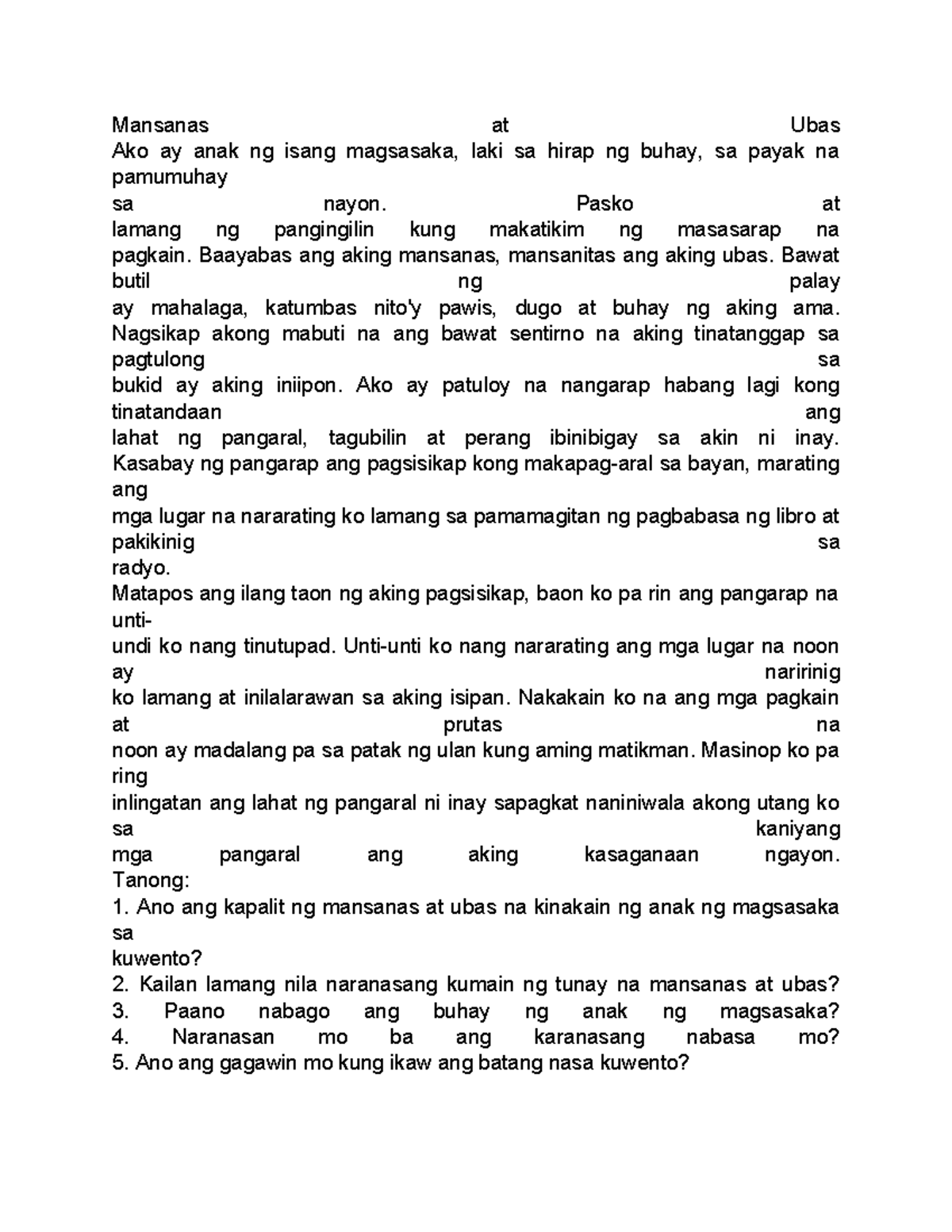 Mansanas at Ubas: Isang Kwento ng Magsasaka at Pangarap - Studocu