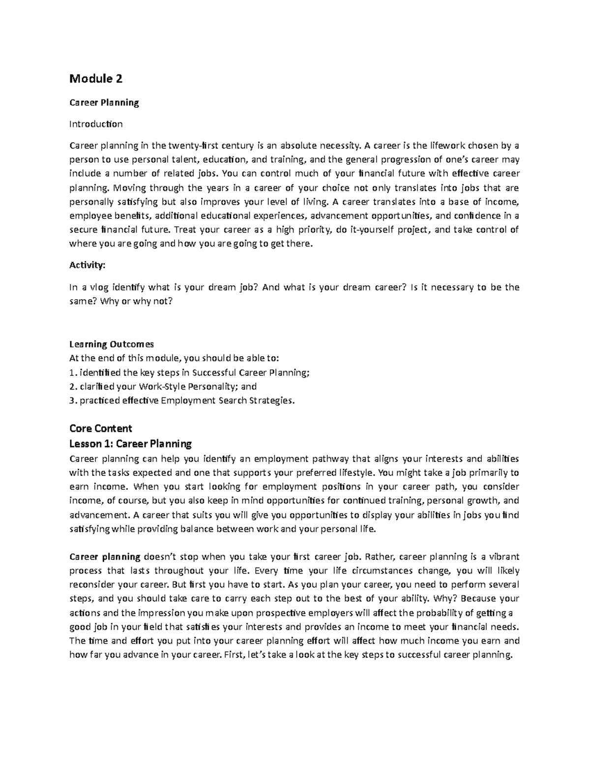Module 2: Essential Career Planning Strategies and Steps - Studocu