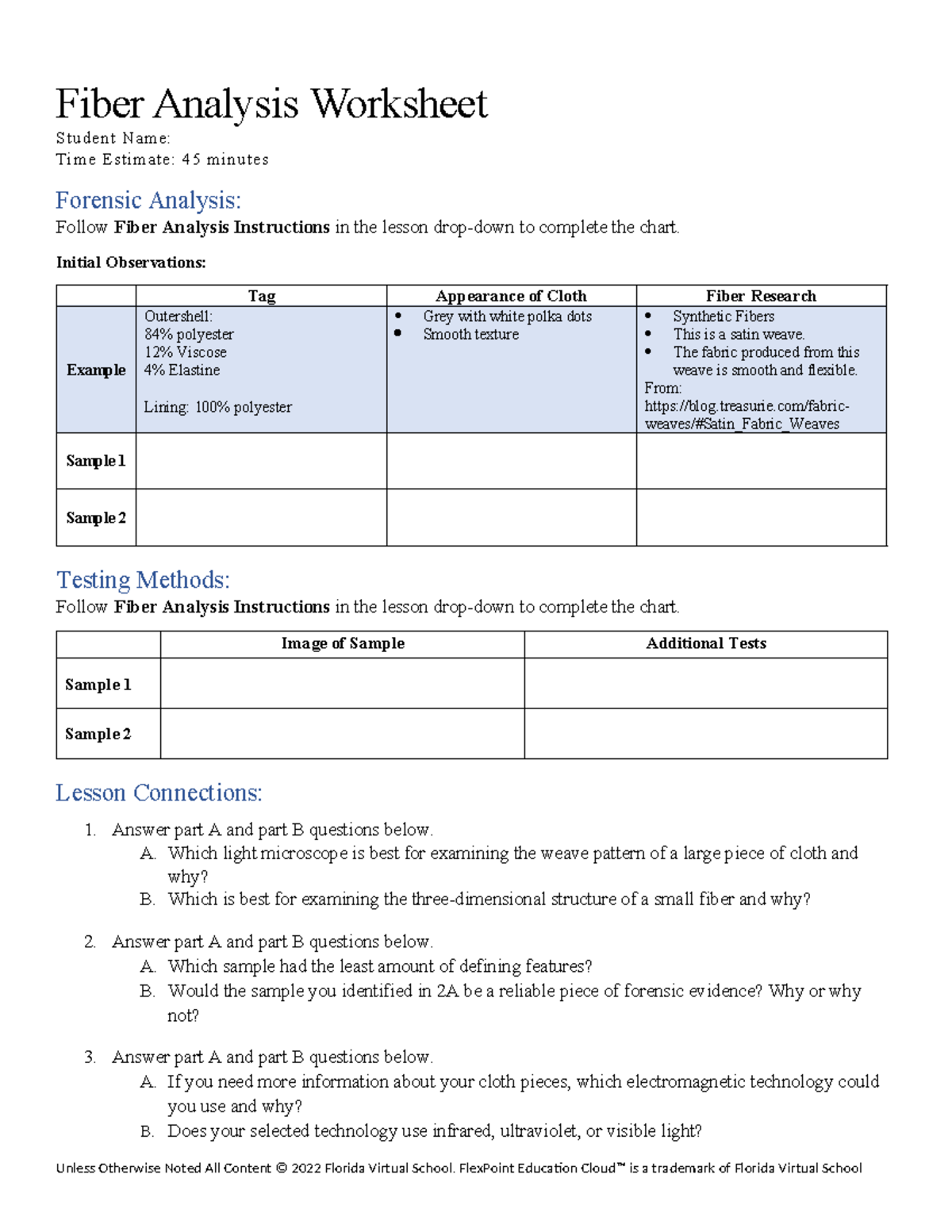 Fiber evidence worksheet - Fiber Analysis Worksheet Student Name: Time ...