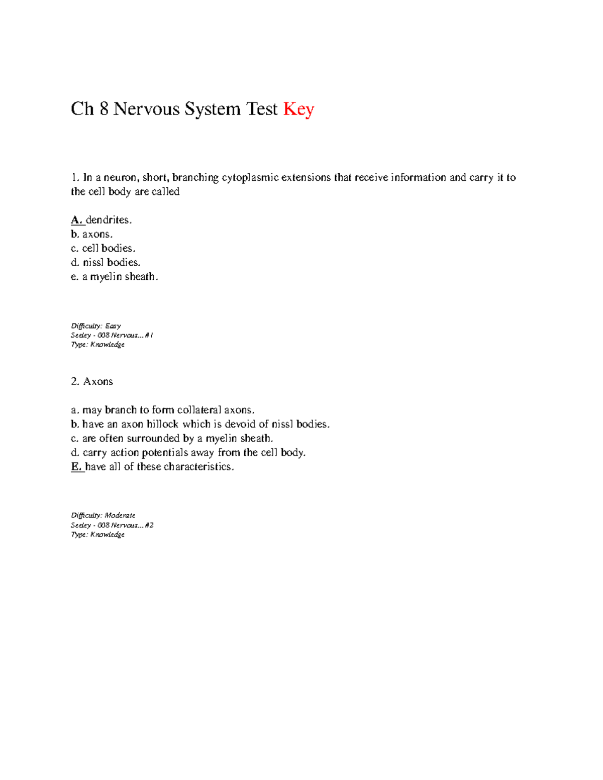 Nervous System - Practice Test - Ch 8 Nervous System Test Key In a ...