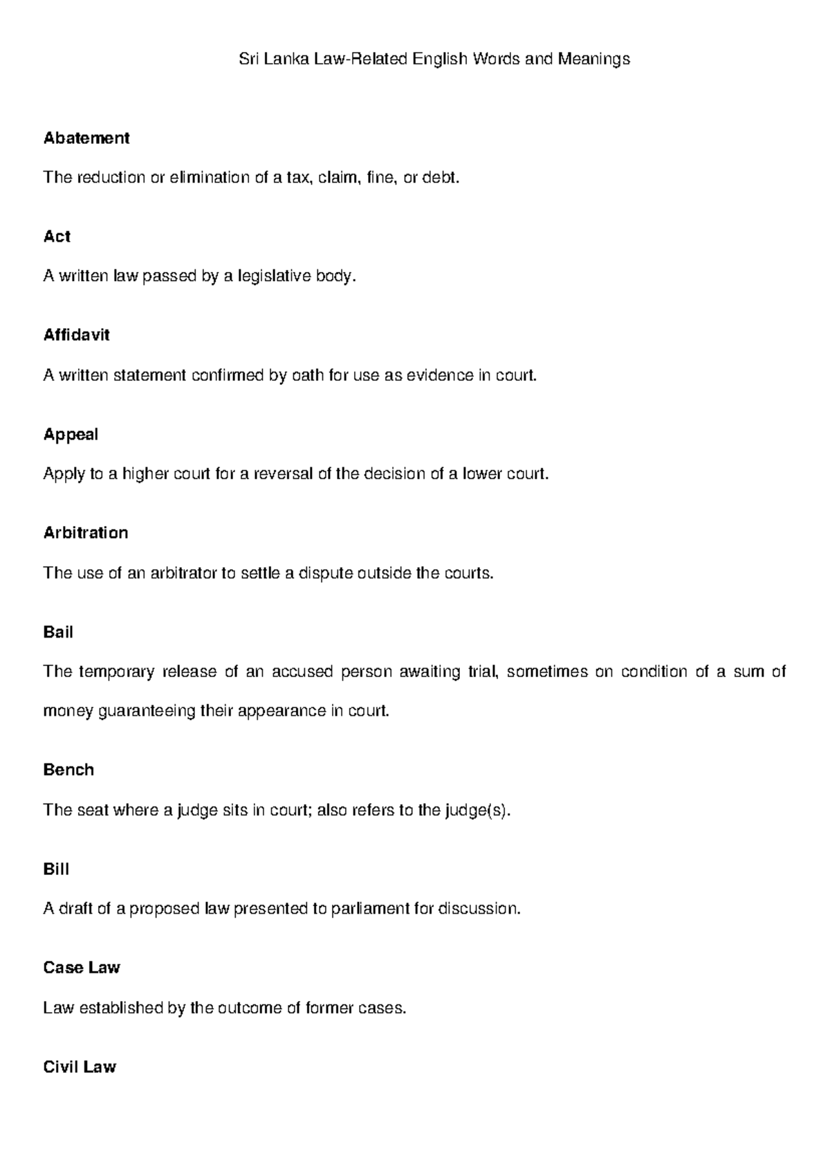 Sri Lanka Law English Vocabulary: Key Terms and Definitions - Studocu