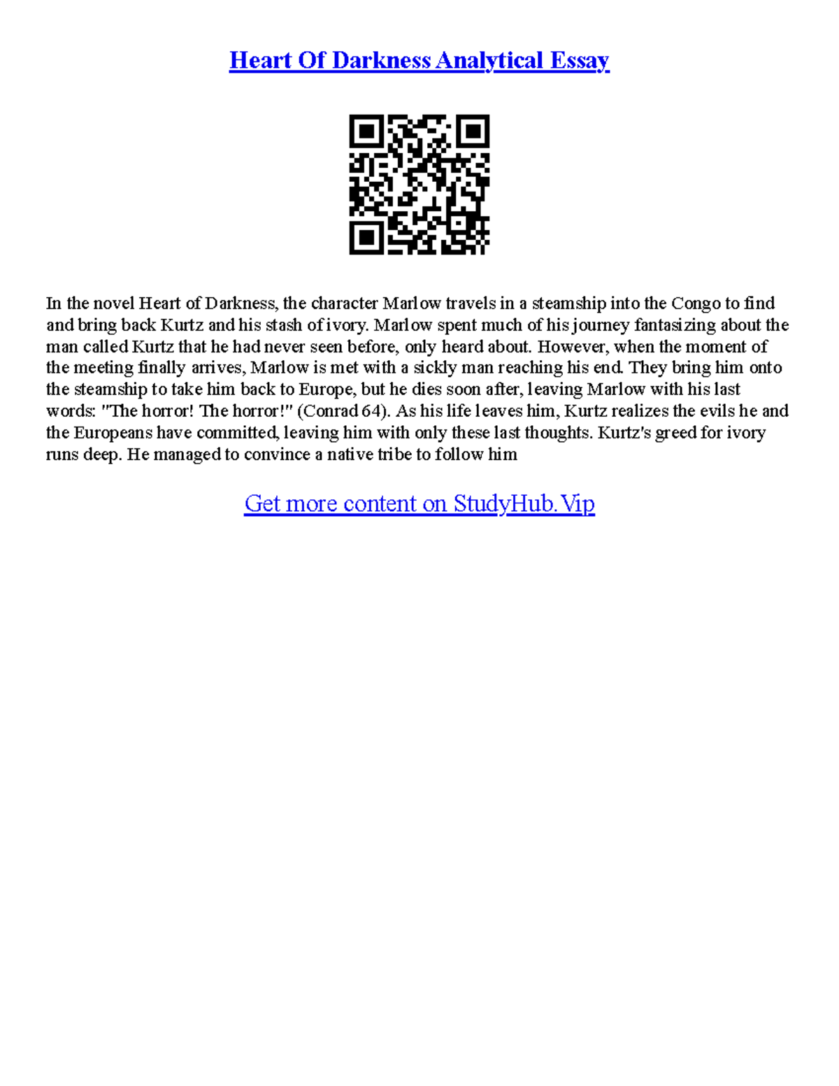 Heart of Darkness Essay Questions & Analysis (ENG 202) - Studocu