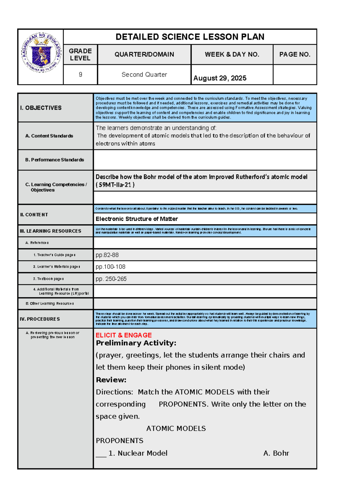 Grade 9 Science Lesson Plan: Bohr's Model & Atomic Structure - Studocu